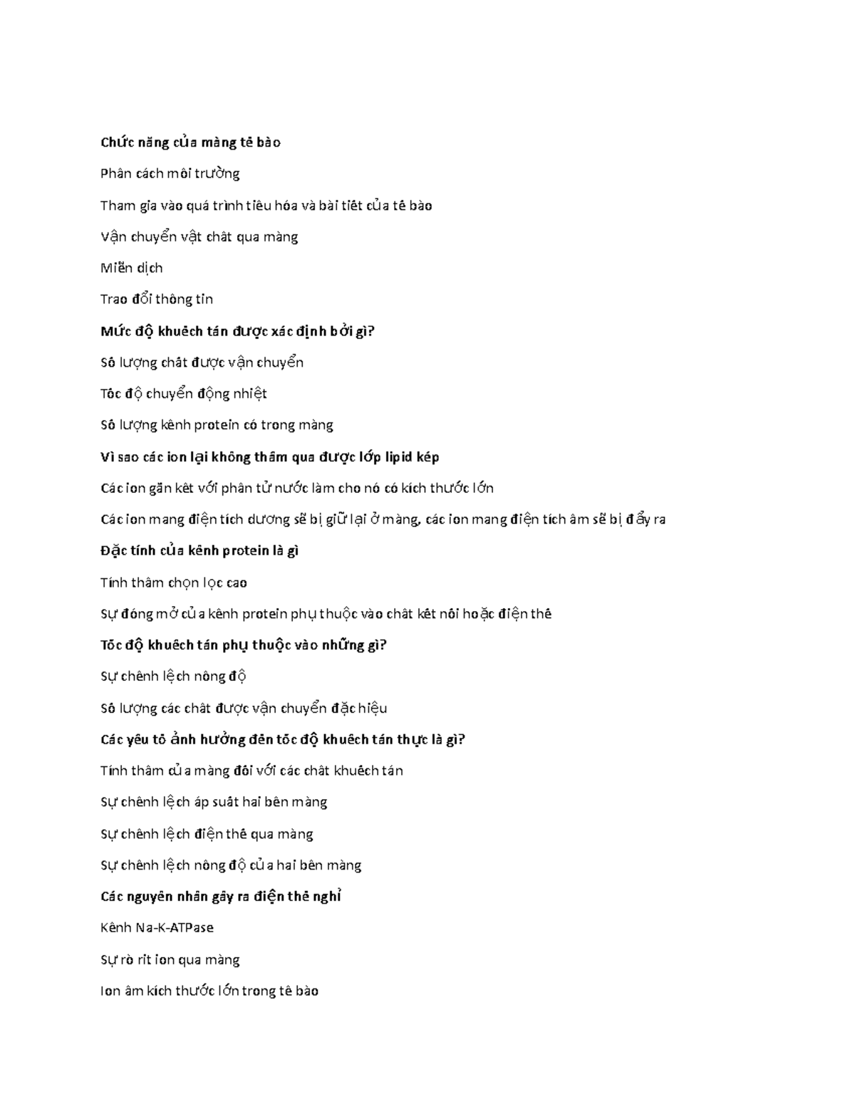 Tự luận ngắn sinh lí - sinh lý - Ch ức năng c ủa màng tếế bào Phân cách môi tr ường Tham gia vào ...