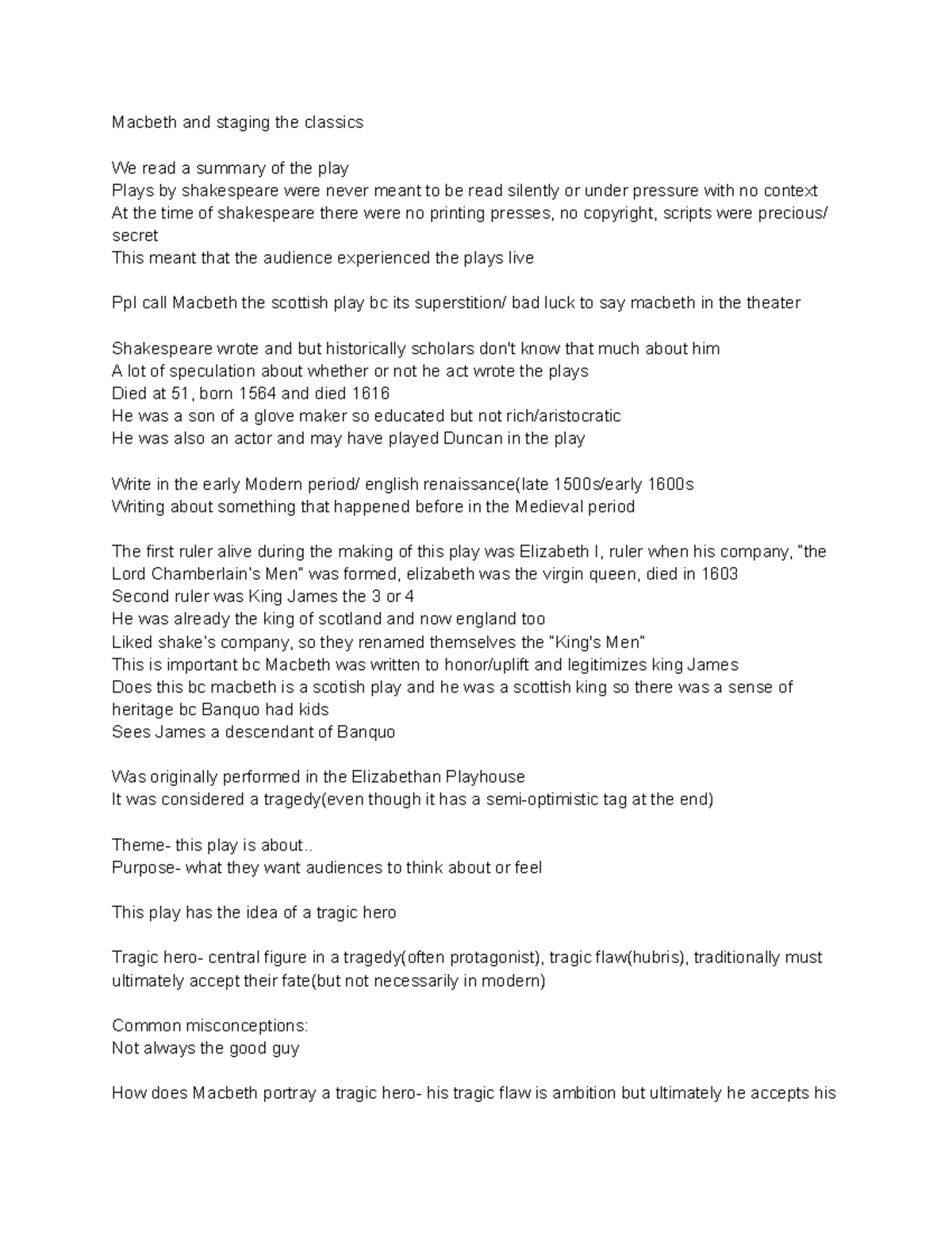 Theater 102A 2 - Macbeth and staging the classics We read a summary of ...