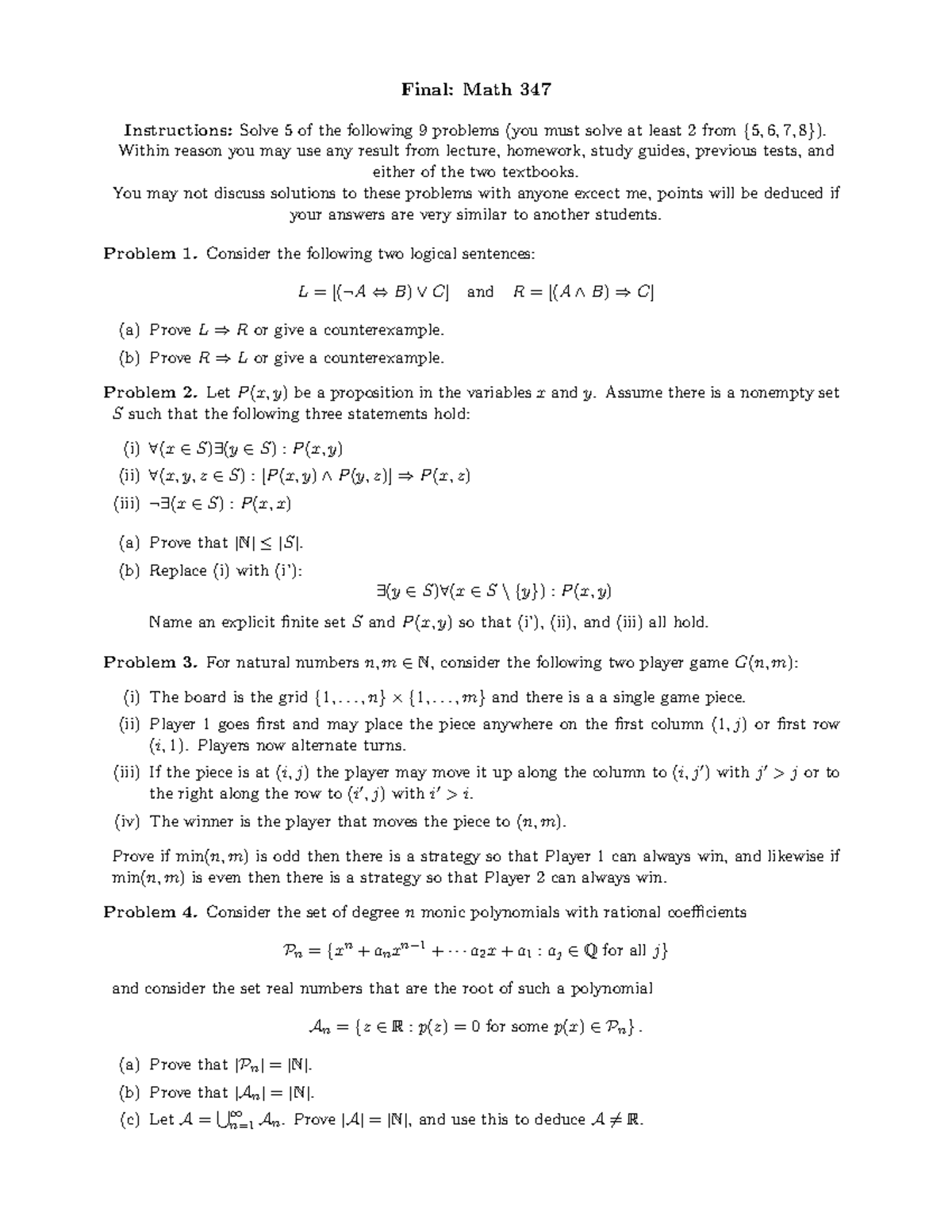 347 Final - Final: Math 347 Instructions:Solve 5 of the following 9 ...