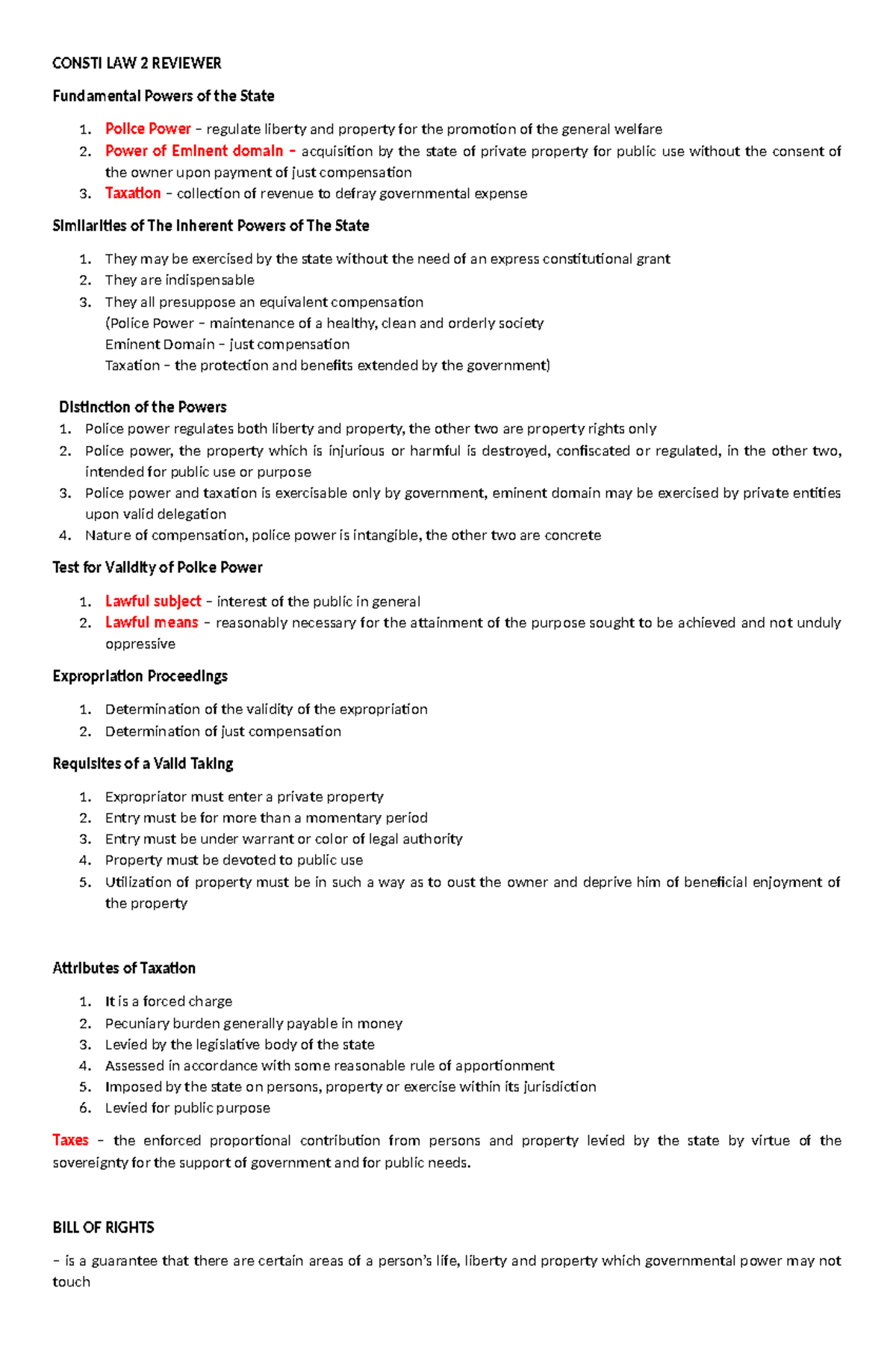 Consti LAW 2 Reviewer - CONSTI LAW 2 REVIEWER Fundamental Powers of the ...