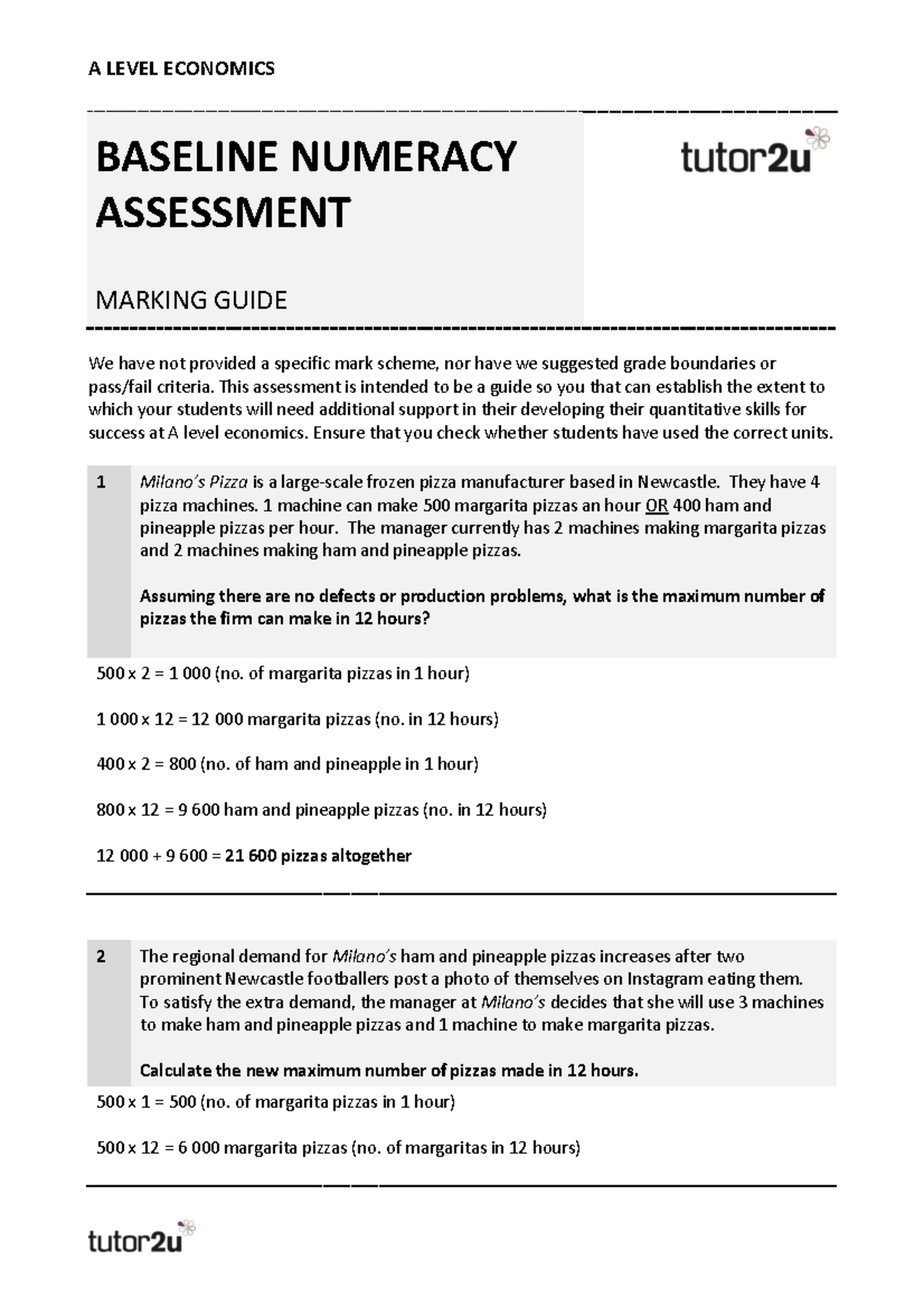 Tutor 2u ALevel Economics Baseline Numeracy Assessment Ed1. Marking ...