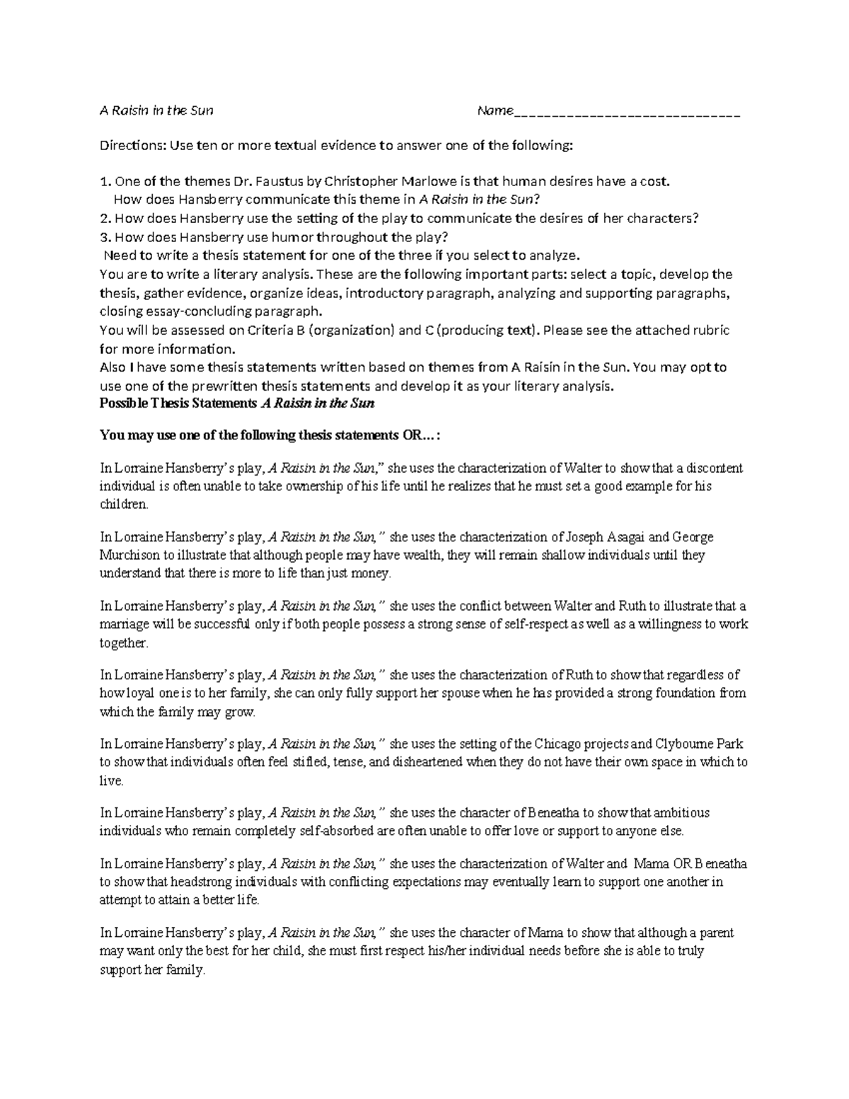 A Raisin in the Sun Thesis Statements Analysis - A Raisin in the Sun ...