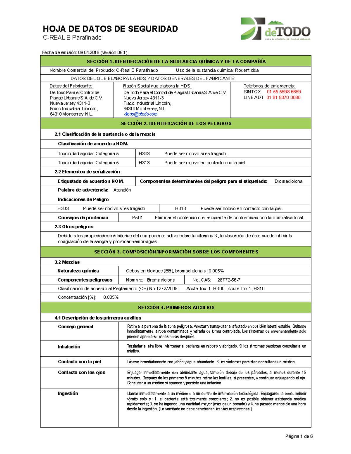 2 -HOJA DE Seguridad Cereal B - SECCIÓN 1. IDENTIFICACIÓN DE LA ...