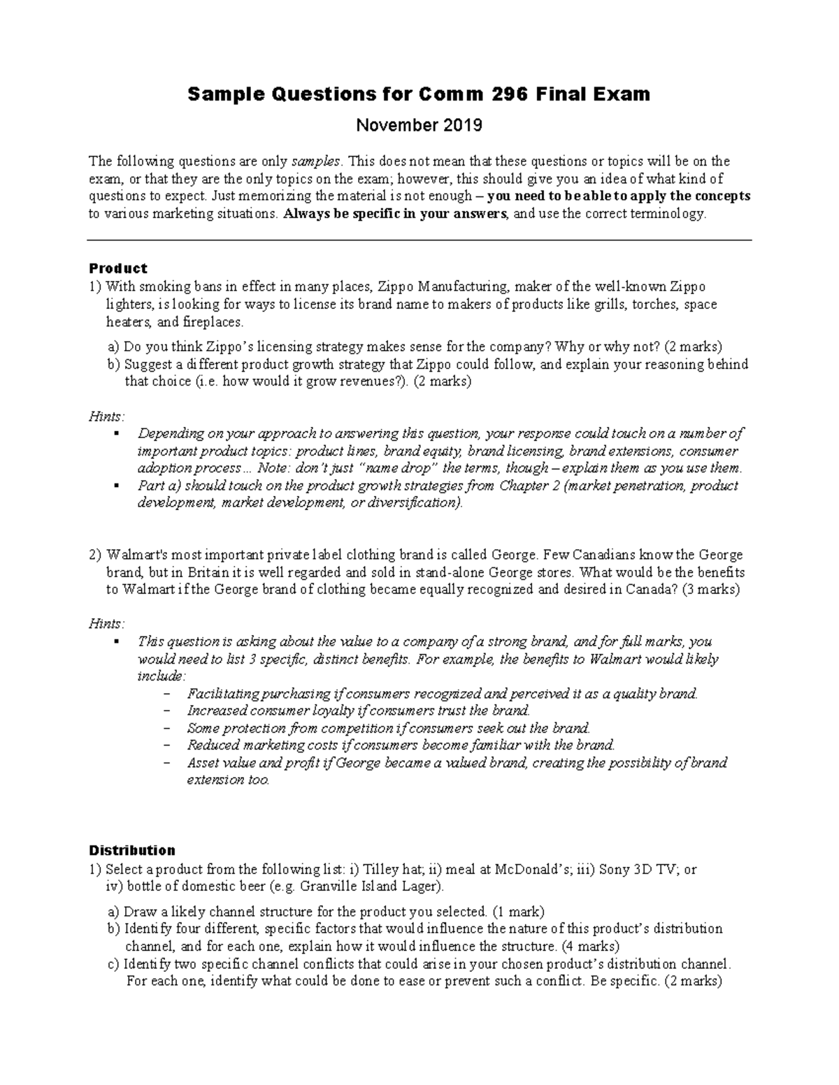 Sample Final Questions, Nov 2019 - Sample Questions for Comm 296 Final ...