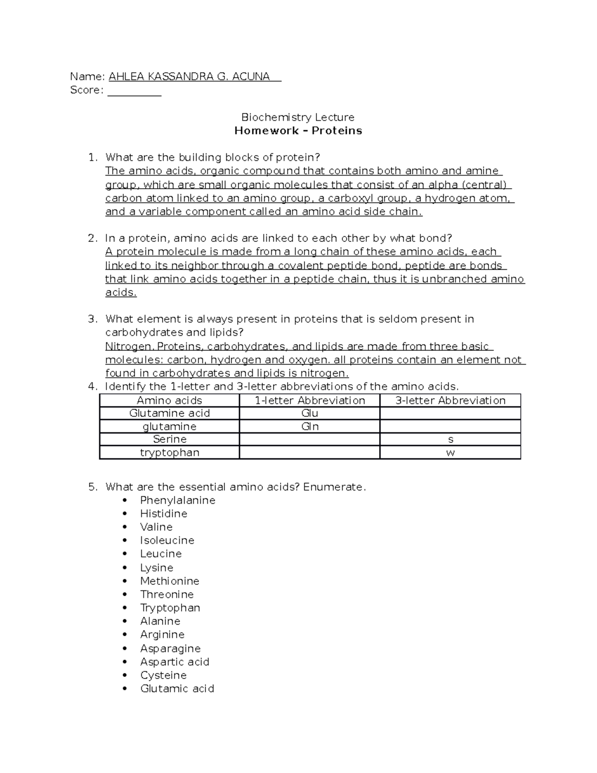 Protein-Homework - about proteins - Name: AHLEA KASSANDRA G. ACUNA ...