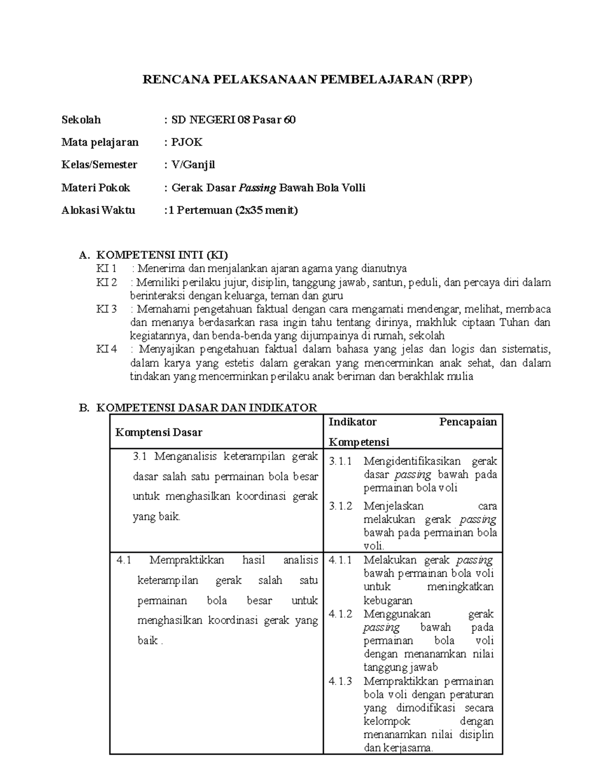 RPP Kelas 5 PJOK FIX - RPP PJOK - RENCANA PELAKSANAAN PEMBELAJARAN (RPP ...