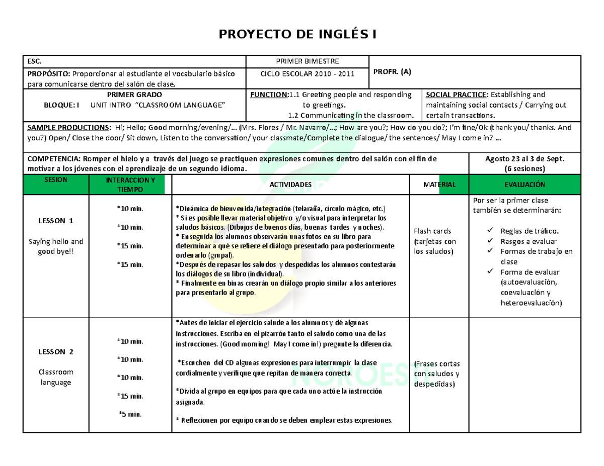 Planeacion Ingles 1 Bloque I - ESC. PRIMER BIMESTRE PROPÓSITO ...