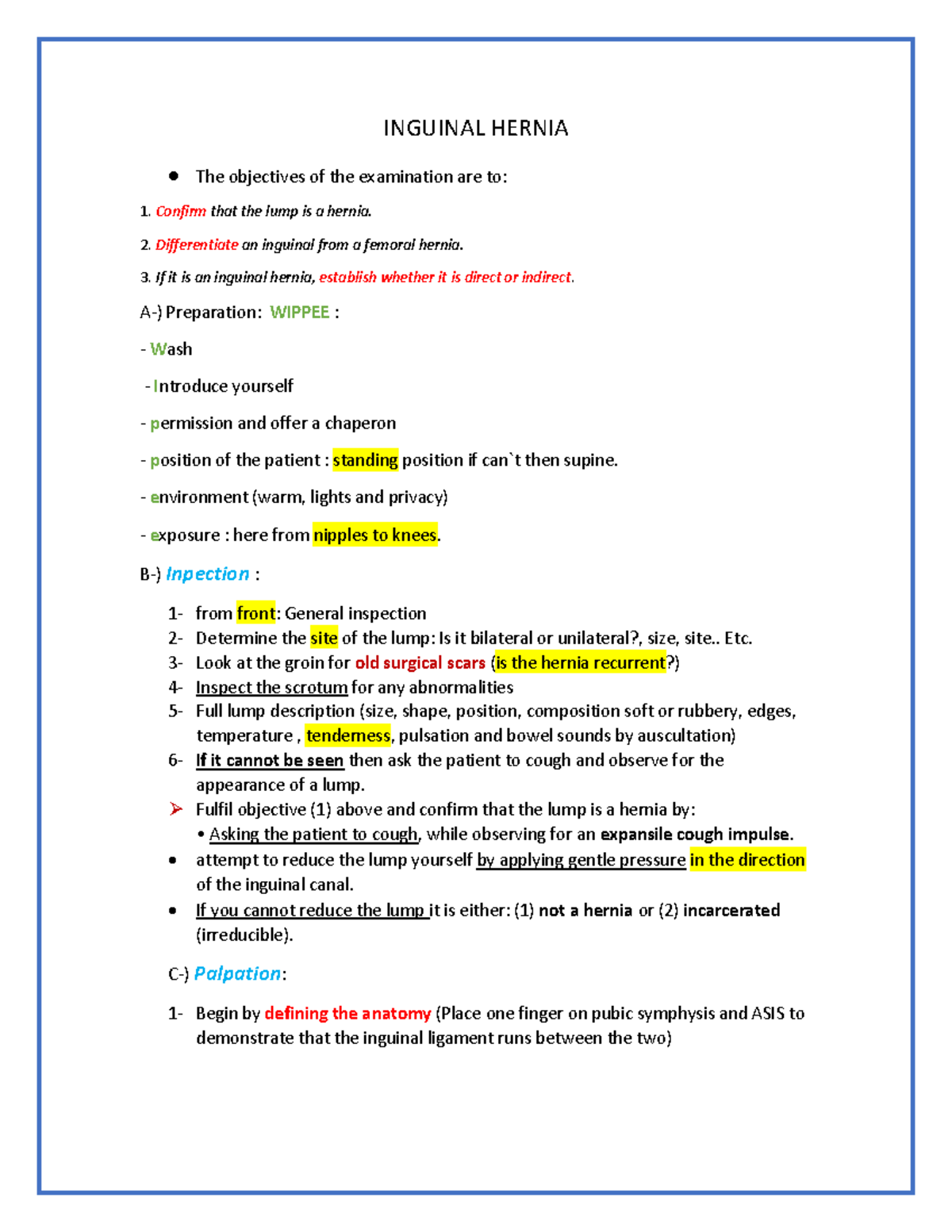 Inguinal Hernia examination - INGUINAL HERNIA The objectives of the ...