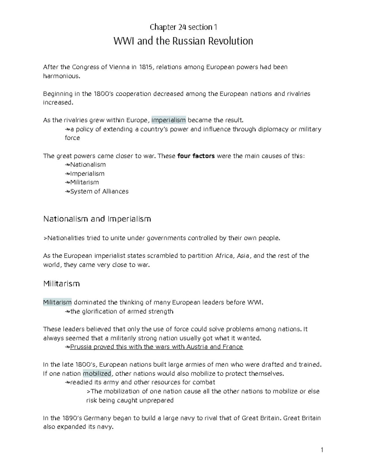 24-1 history notes - Nationalism, imperialism, and militarism - WWI and ...