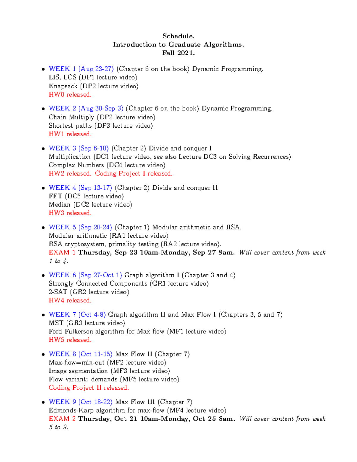 Schedule for Fall Class 2021. Details schedule week wise. - Schedule ...