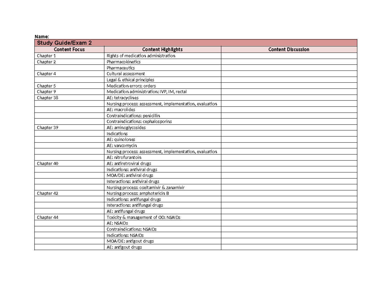 Study Guide Exam 2 - Lecture/Notes - Name: Study Guide/Exam 2 Content ...