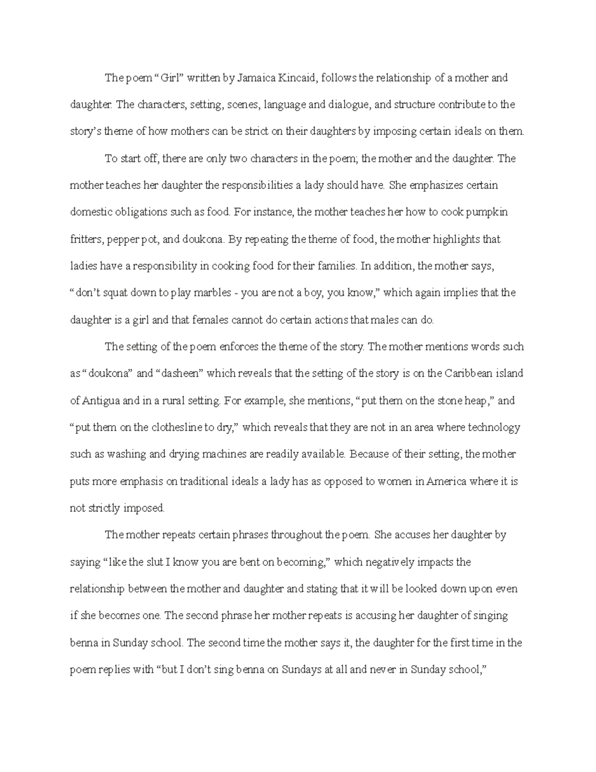 Girl - Short Essay - The poem “Girl” written by Jamaica Kincaid ...