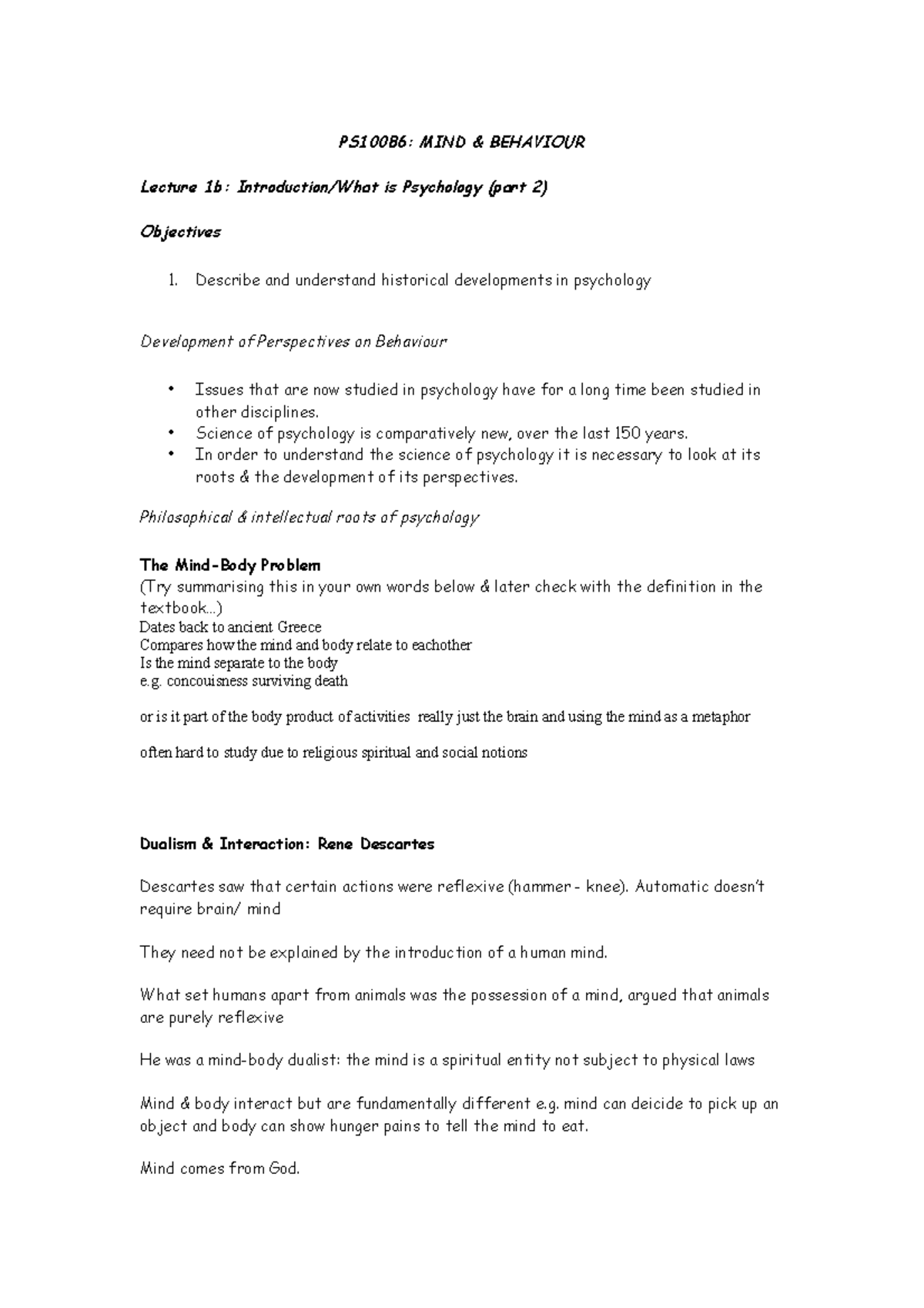 Completed handout for lecture 1b Ian - intro - PS10086: MIND & BEHAVIOUR Lecture 1b: - Studocu