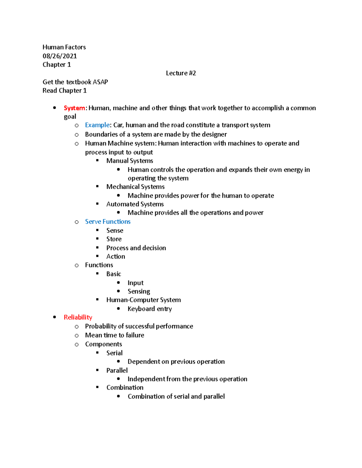 Chapter 1 - Lecture number two class 2 - Human Factors 08/26/ Chapter 1 ...