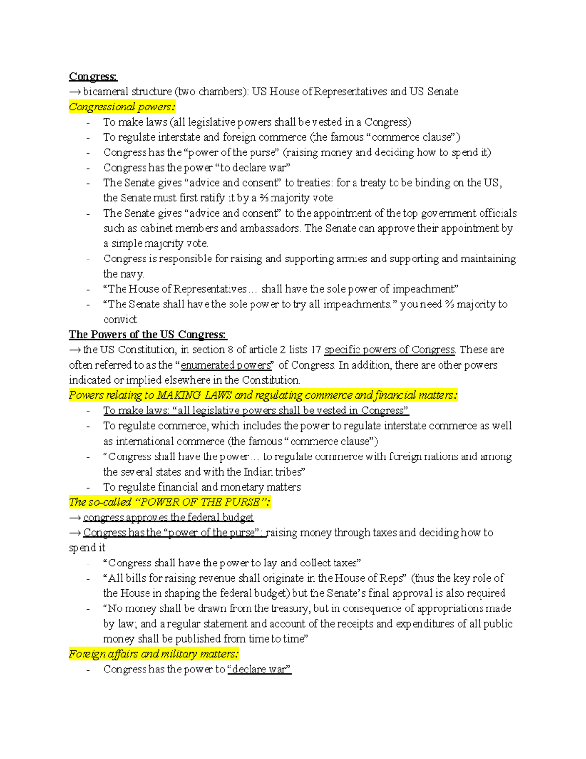 PLSC- lecture notes - Congress: → bicameral structure (two chambers ...