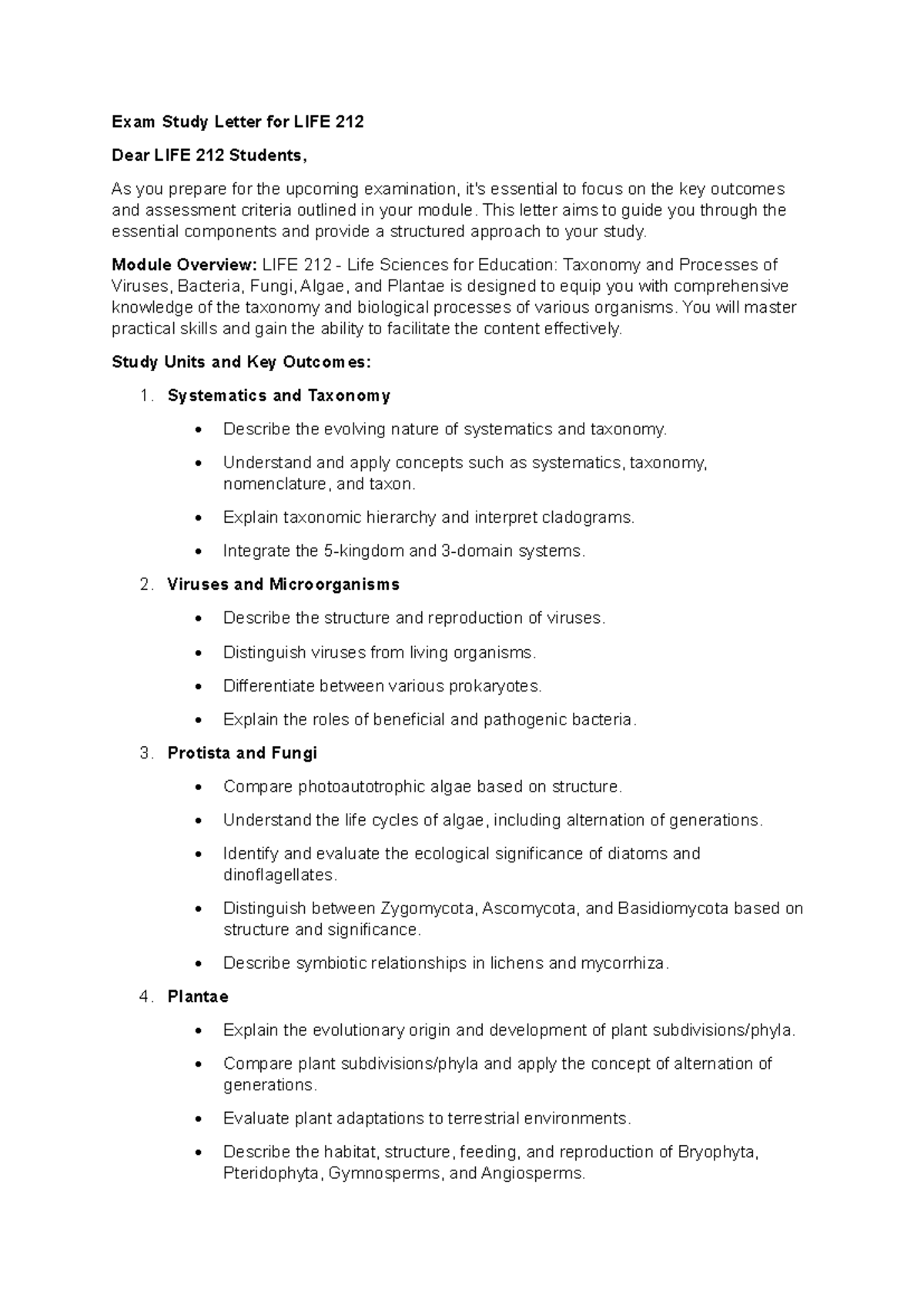 Study Letter for LIFE 212 - 1st Opp Exam 2024 - Exam Study Letter for LIFE 212 Dear LIFE 212 ...