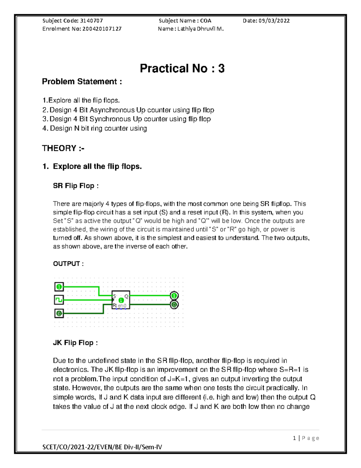 flip flop in COA - Enrolment No: 200420107127 Name : Lathiya Dhruvil M ...