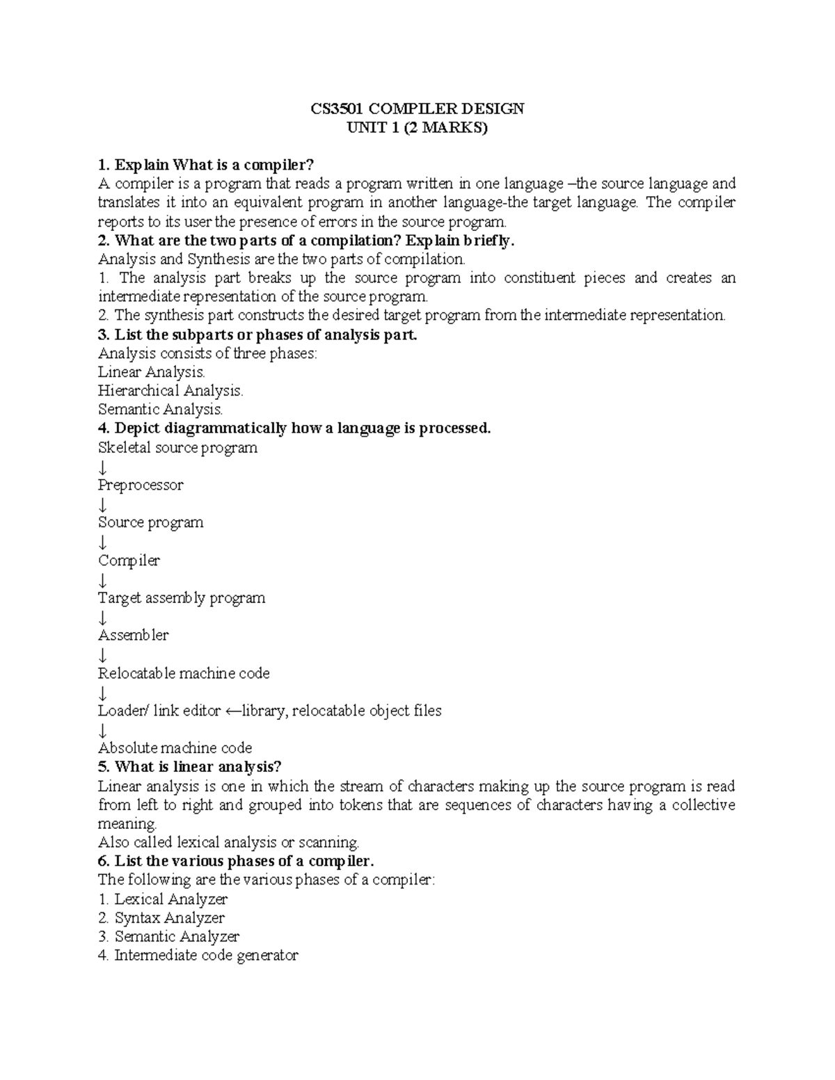 Compiler Design 2 Mark Qn Cs3501 Compiler Design Unit 1 2 Marks Explain What Is A Compiler 4202