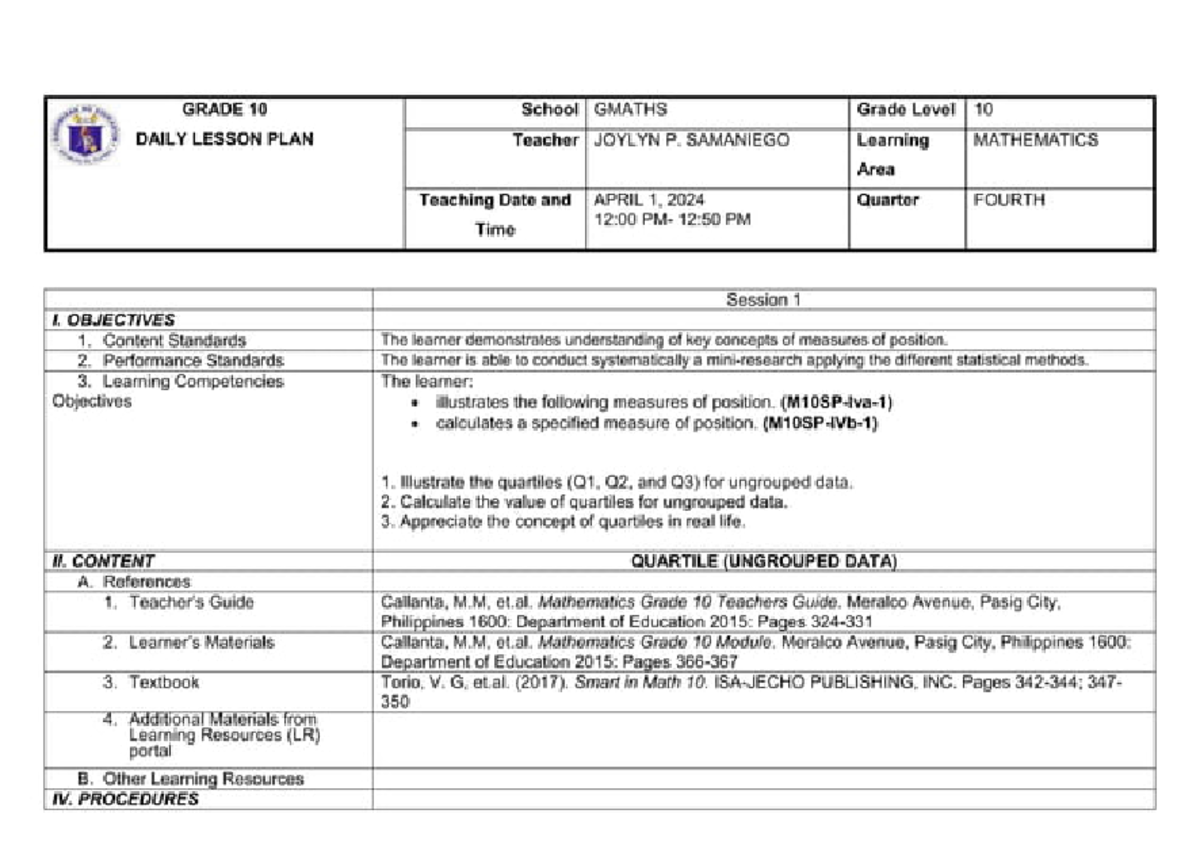 Daily Lesson Plan in Mathematics Quarter 4 - 20240502 172821 - Science ...