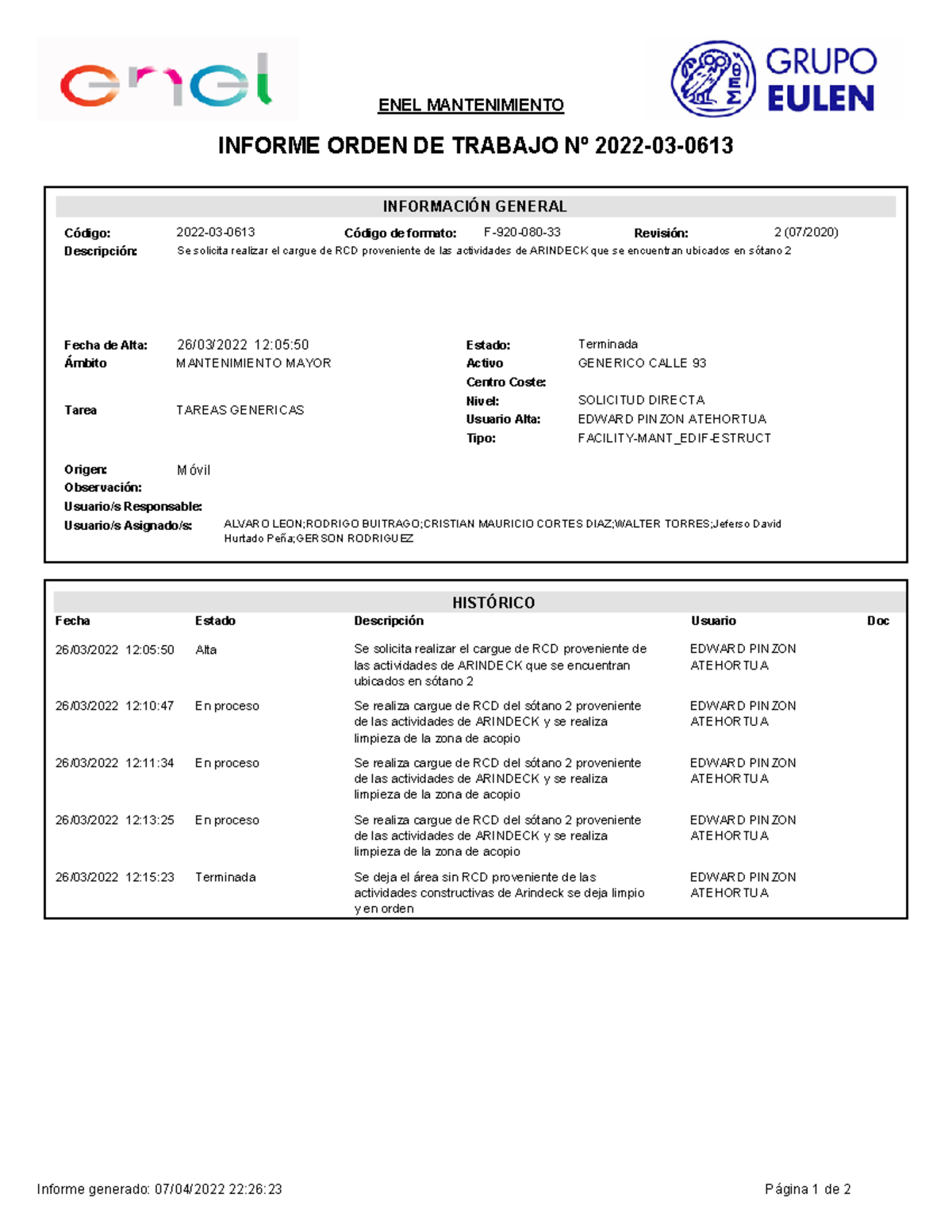 Orden DE Trabajo- O.t - INFORME ORDEN DE TRABAJO Nº 2022-03- Fecha de ...