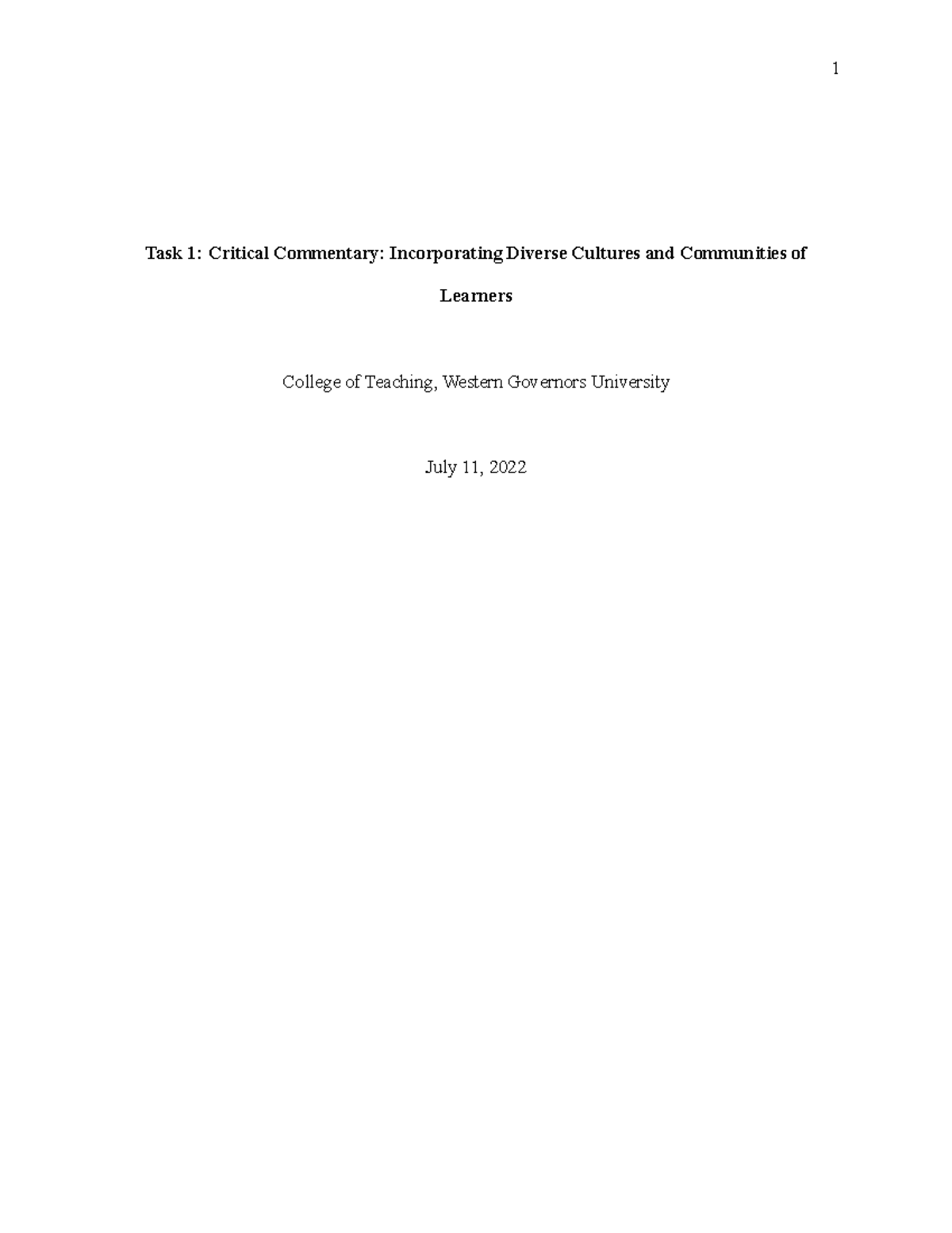 Task 1 Critical Commentary - Task 1: Critical Commentary: Incorporating ...