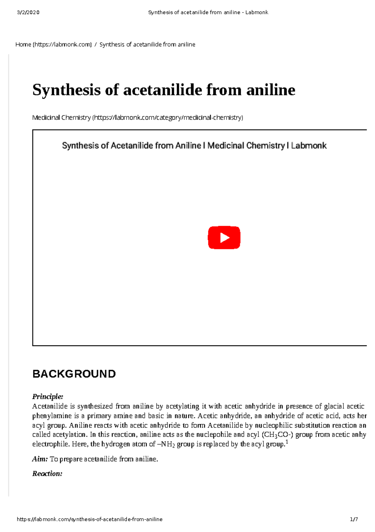 Synthesis of acetanilide from aniline - Labmonk - Home (labmonk ...