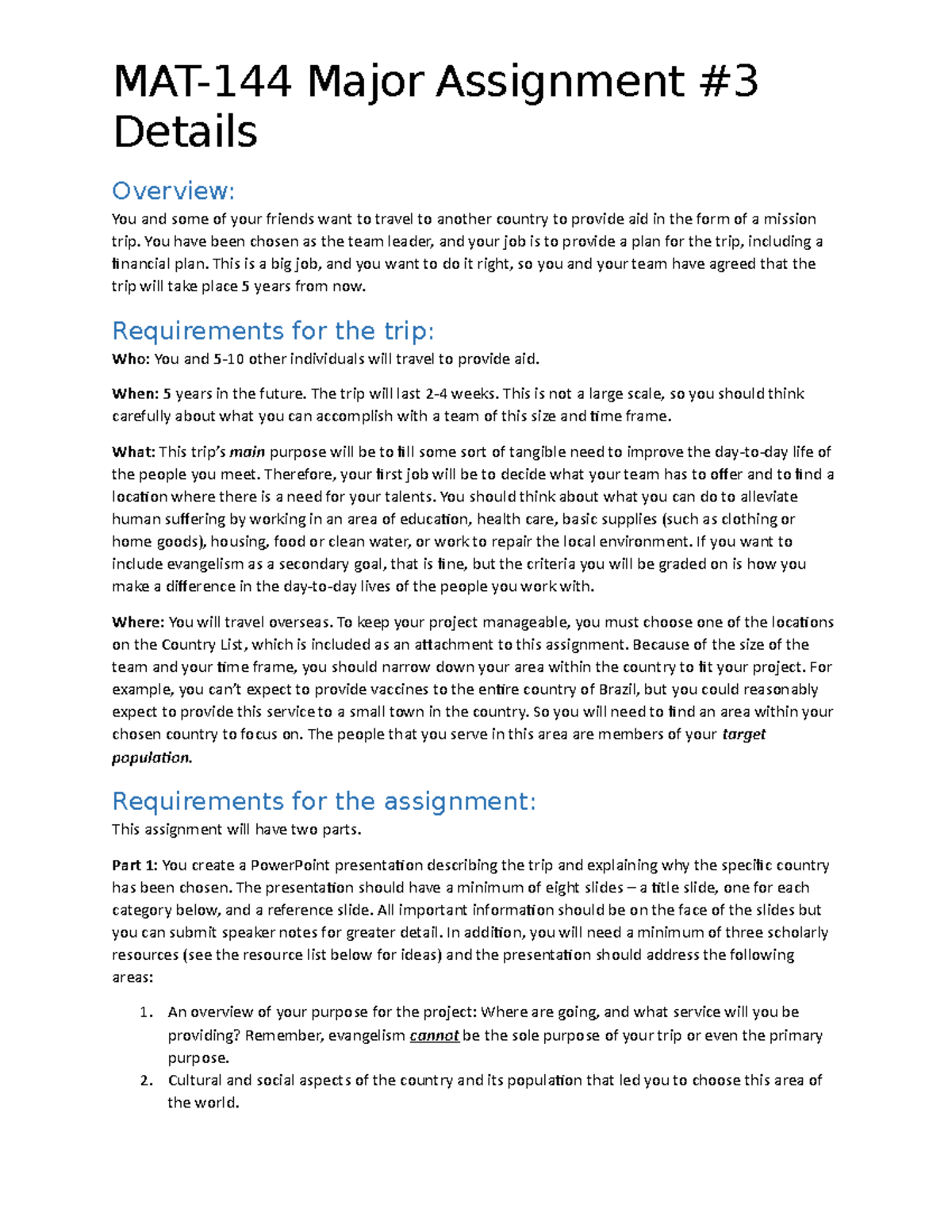 Major Assignment 3 Details - MAT-144 Major Assignment Details Overview ...