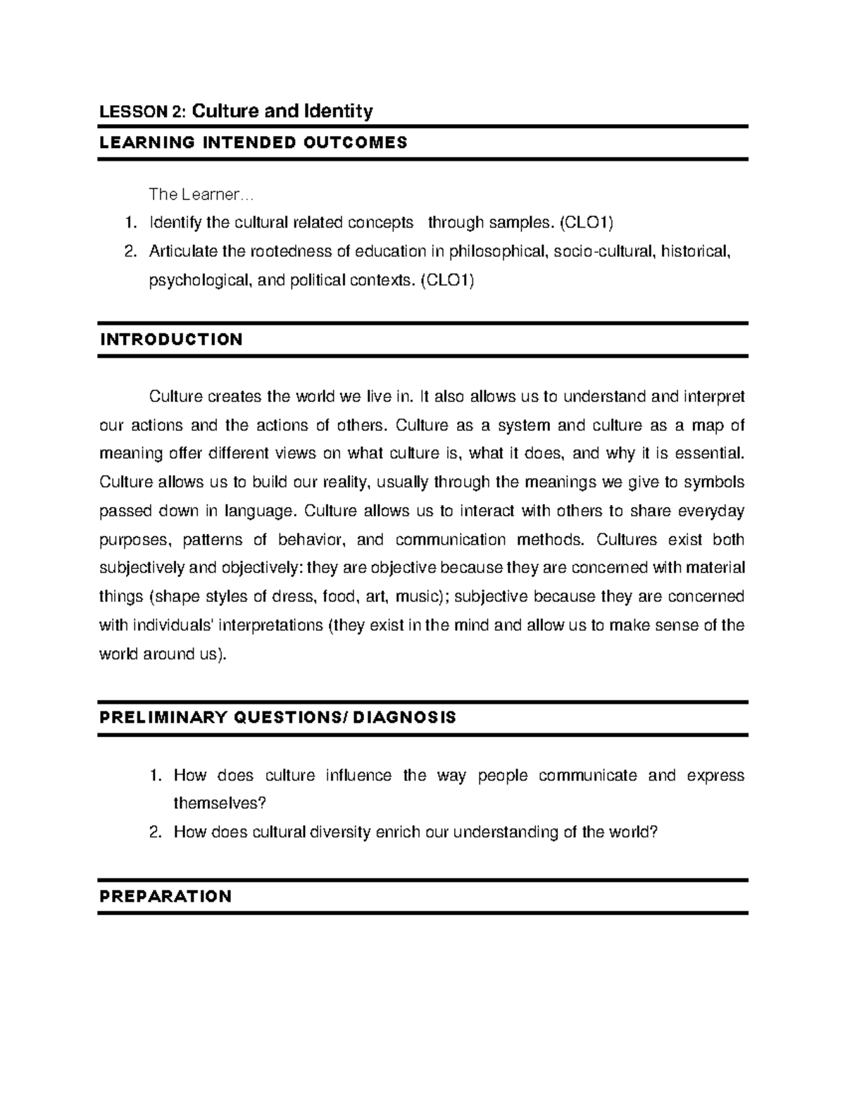 Lesson-2-sscm2210 - LESSON 2: Culture and Identity LEARNING INTENDED ...