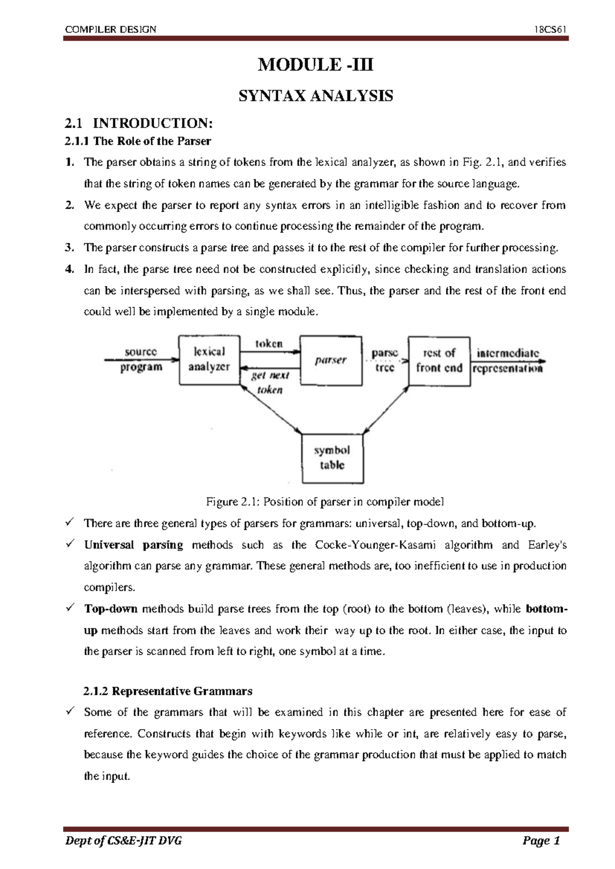 Module -3 - 2 INTRODUCTION: 2.1 The Role of the Parser MODULE -III ...