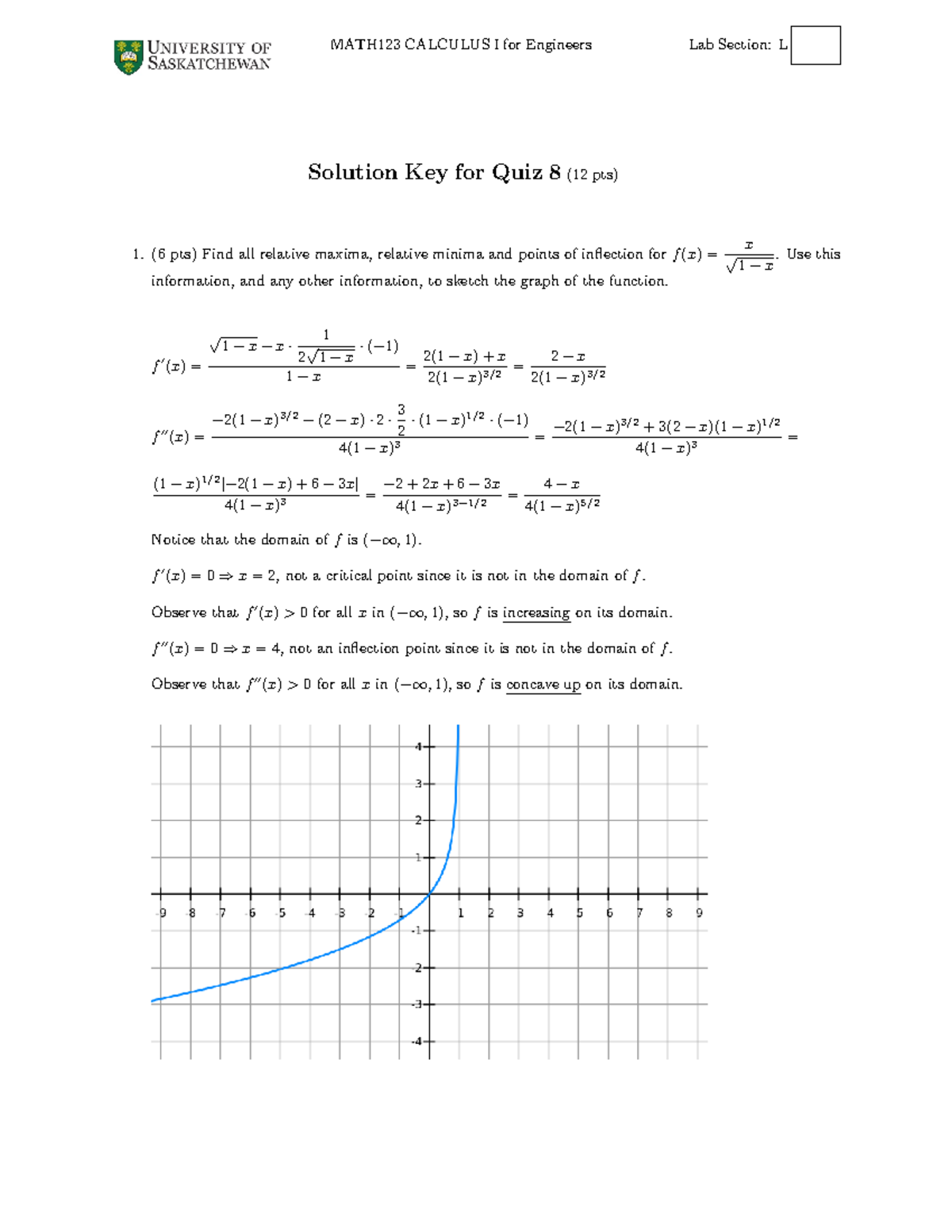 Seminar assignments - Quiz 8 solutions (2013) - MATH123 CALCULUS I for Engineers Lab Section: L ...