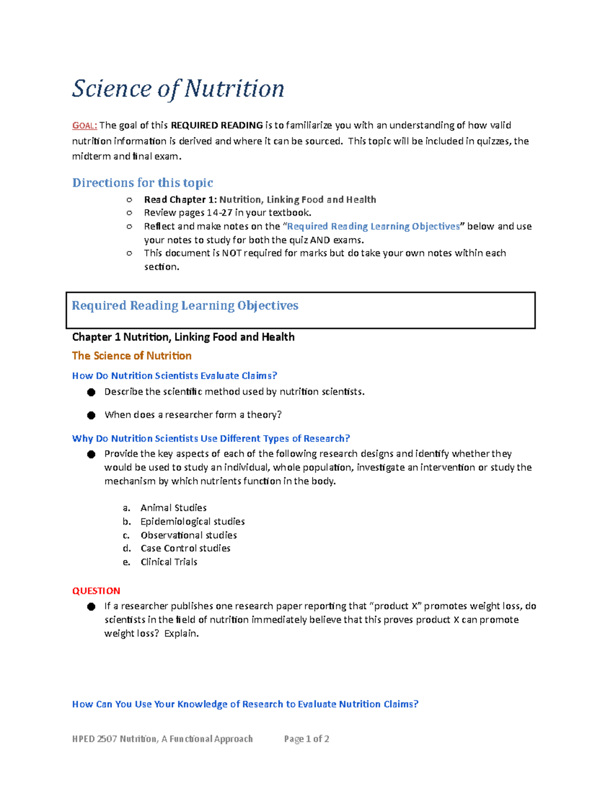 Guided Reading Objectives Science of Nutrition W22 - Science of ...
