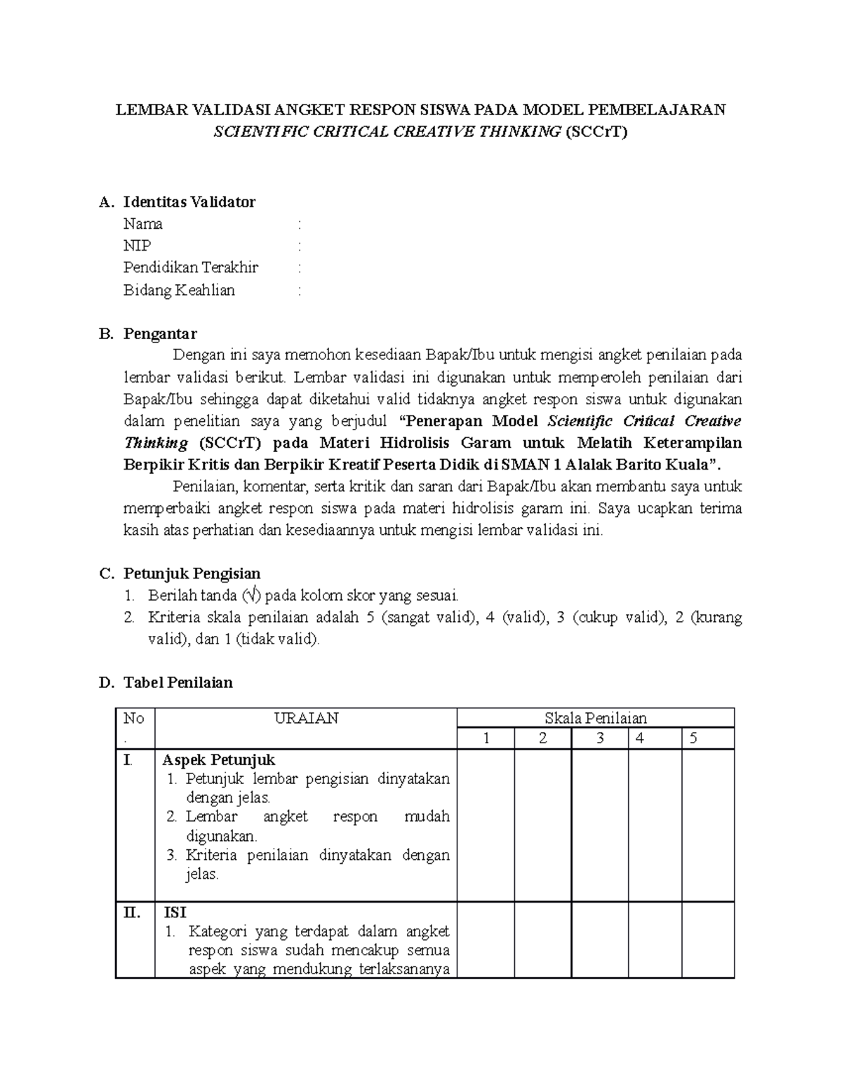 Zahra Azizah Validasi Angket Respon - LEMBAR VALIDASI ANGKET RESPON ...