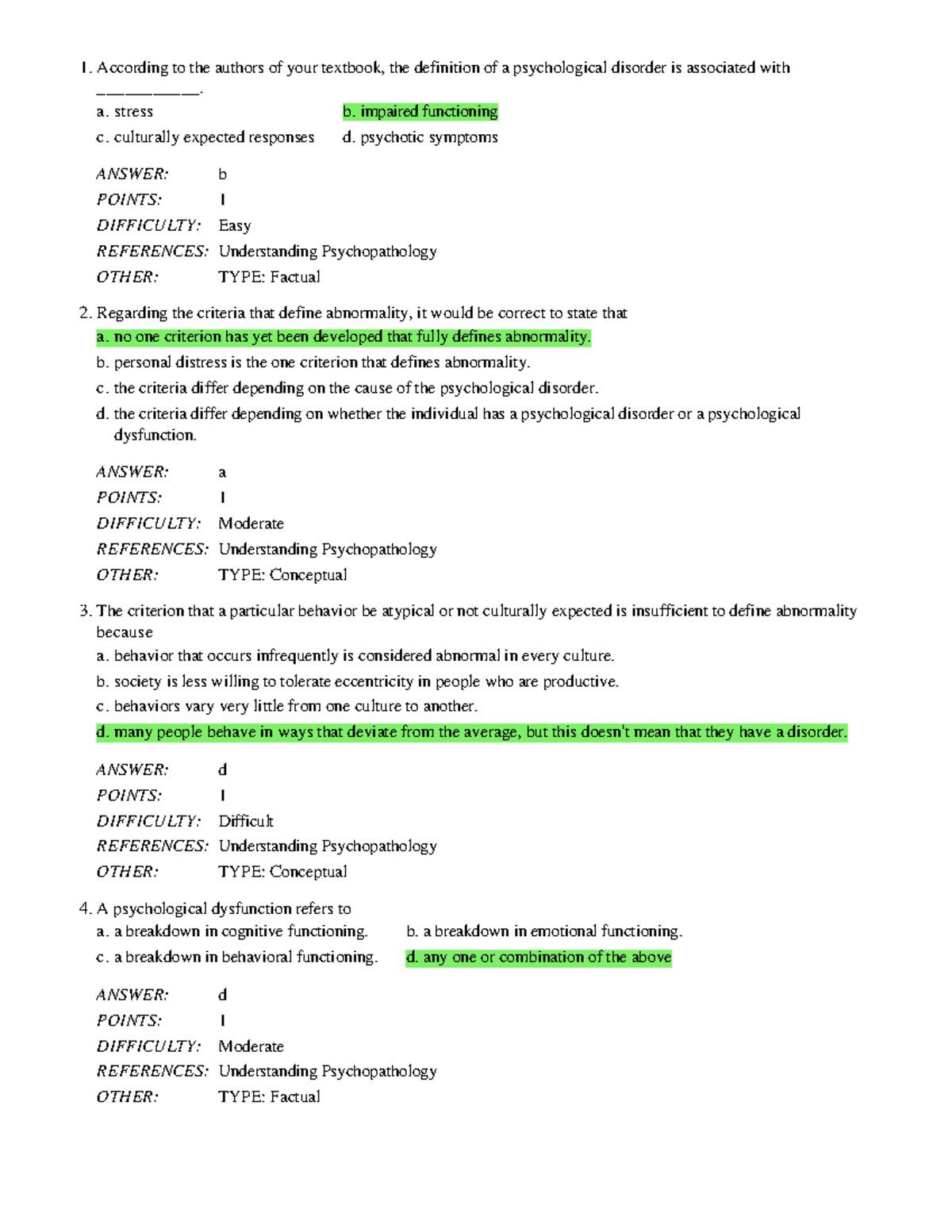 Test Bank for Abnormal Psychology An Int Answer - According to the ...