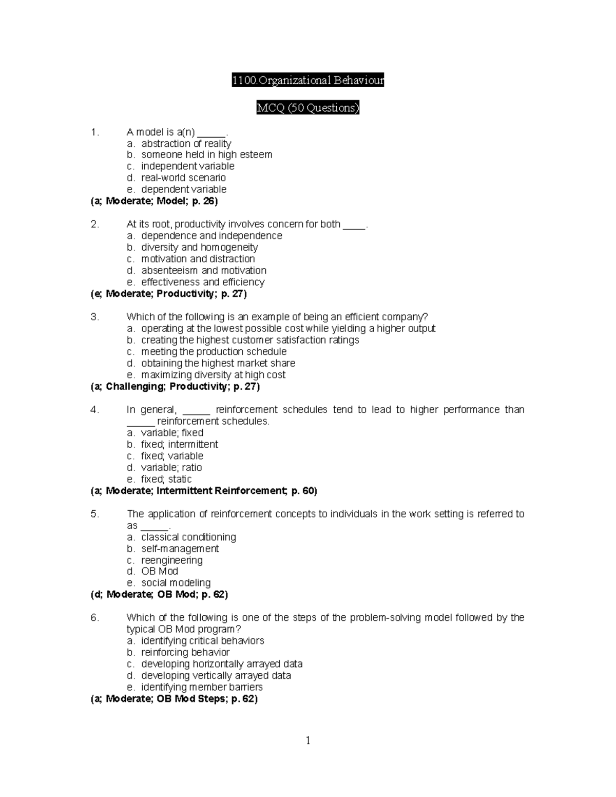 268543985 1100 Organizational Behavior exam Focus With Answers new - 1100 Behaviour MCQ (50 ...