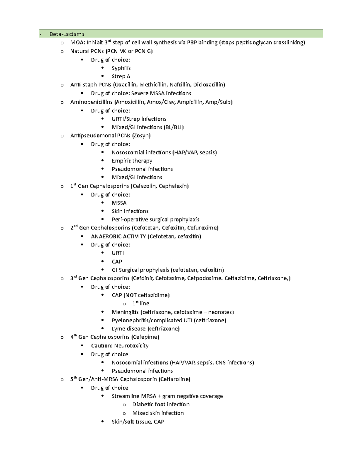 ABX Class and Indications - Beta-Lactams o MOA: Inhibit 3rd step of ...