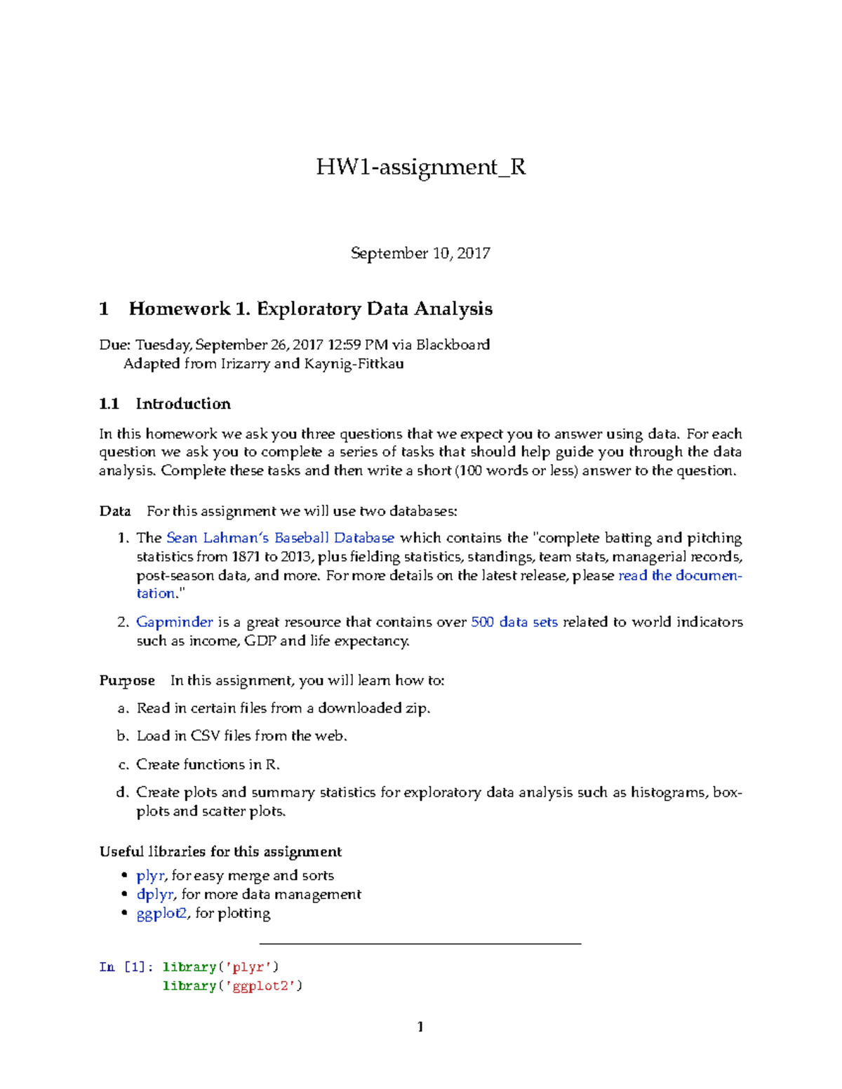 Hw1 Assignment R Intro To Data Science Homework Hw1 Assignmentr September 10 2017 1
