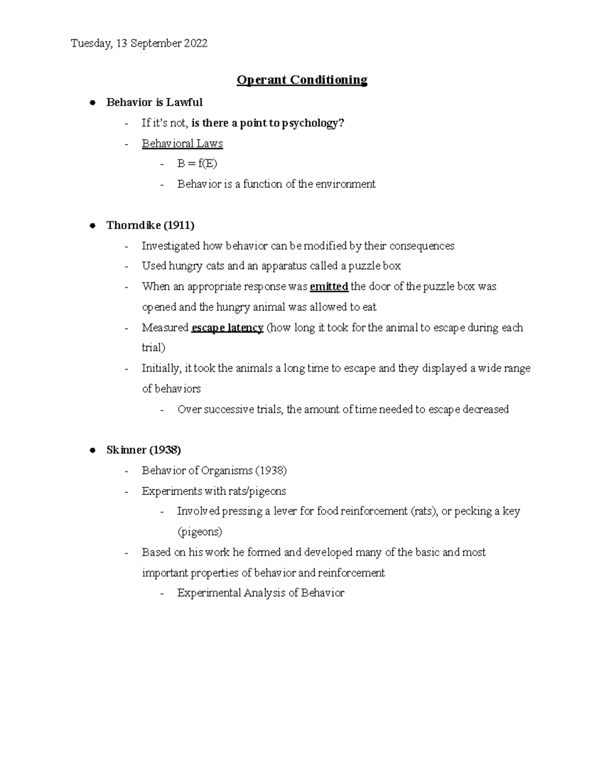 Operant Conditioning - Prof. Brand notes - Tuesday, 13 September 2022 ...