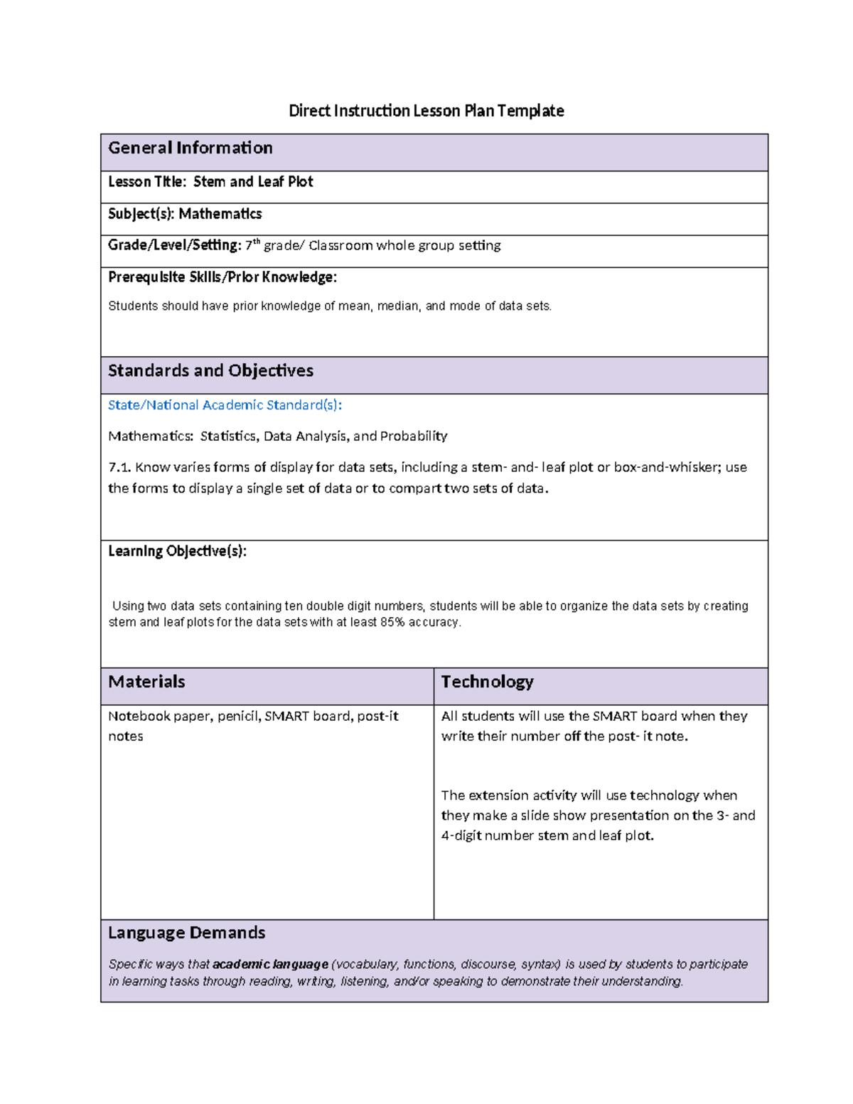 Attempt 2 Stem and leaf plot lesson plan DGM2 Task 2 - Direct ...