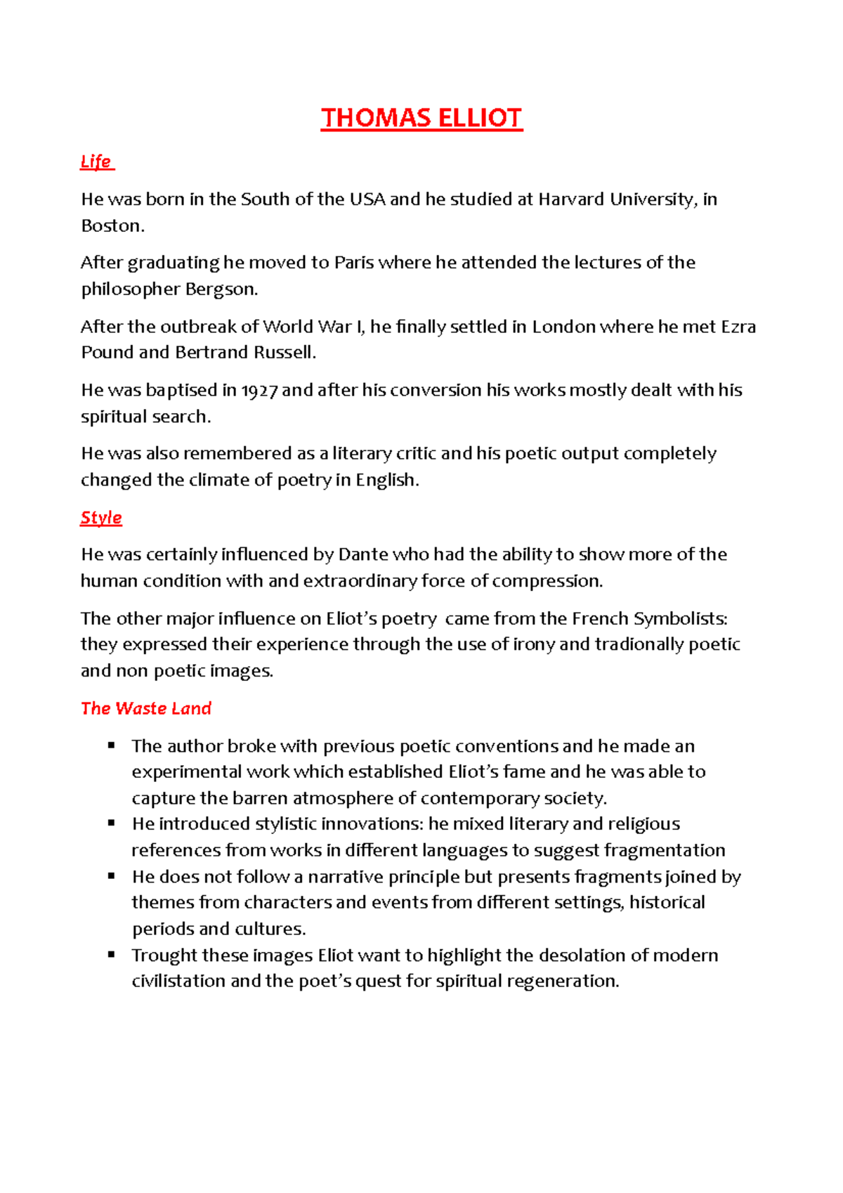 Thomas Elliot - THOMAS ELLIOT Life He was born in the South of the USA ...