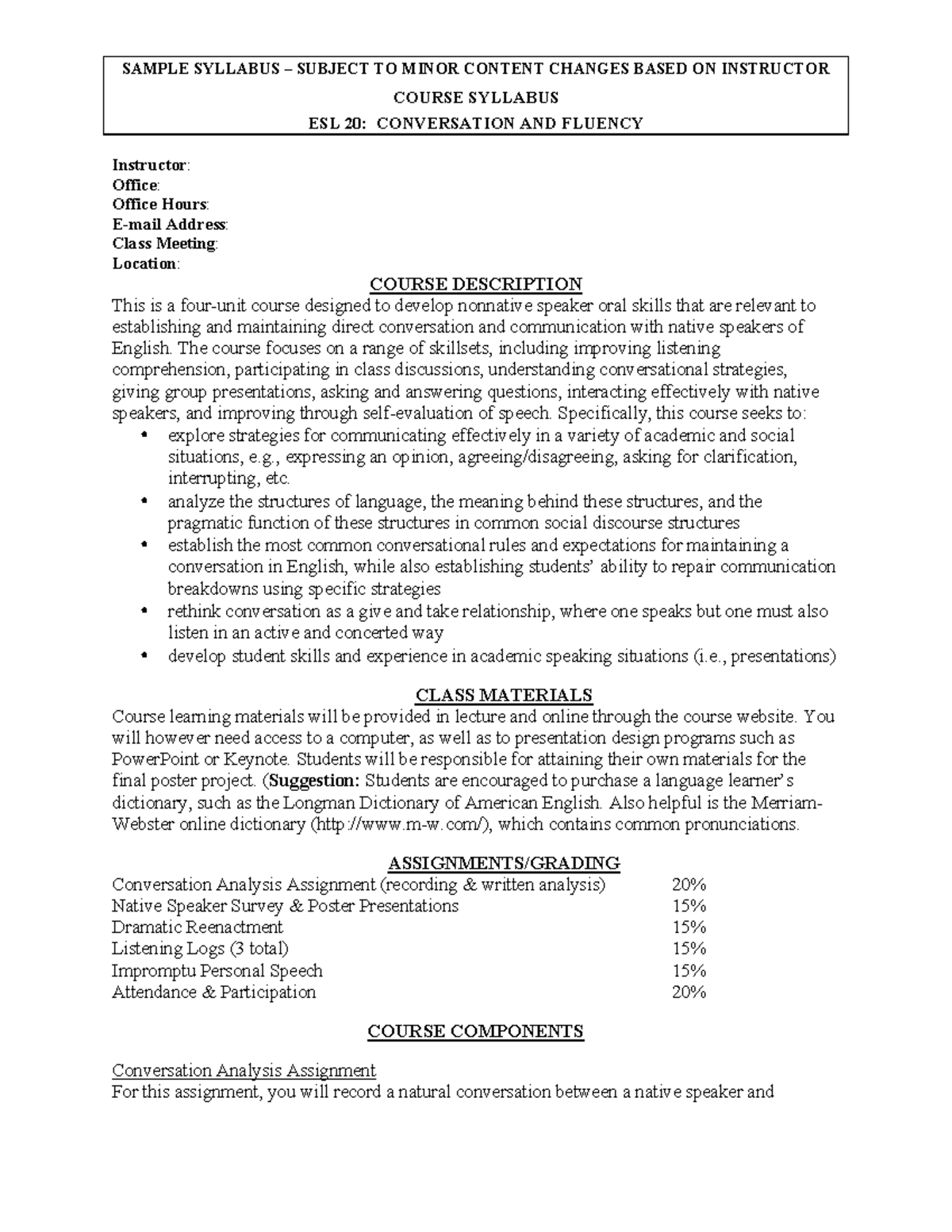 Sample Syllabus ESL 20 Conversation and Fluency - COURSE SYLLABUS ESL ...