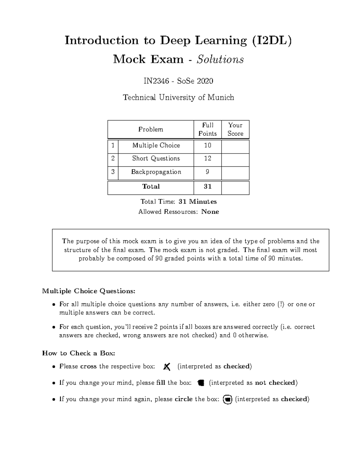 Mock Exam Solutions - Introduction to Deep Learning (I2DL) Mock Exam - Solutions IN2346 - SoSe ...
