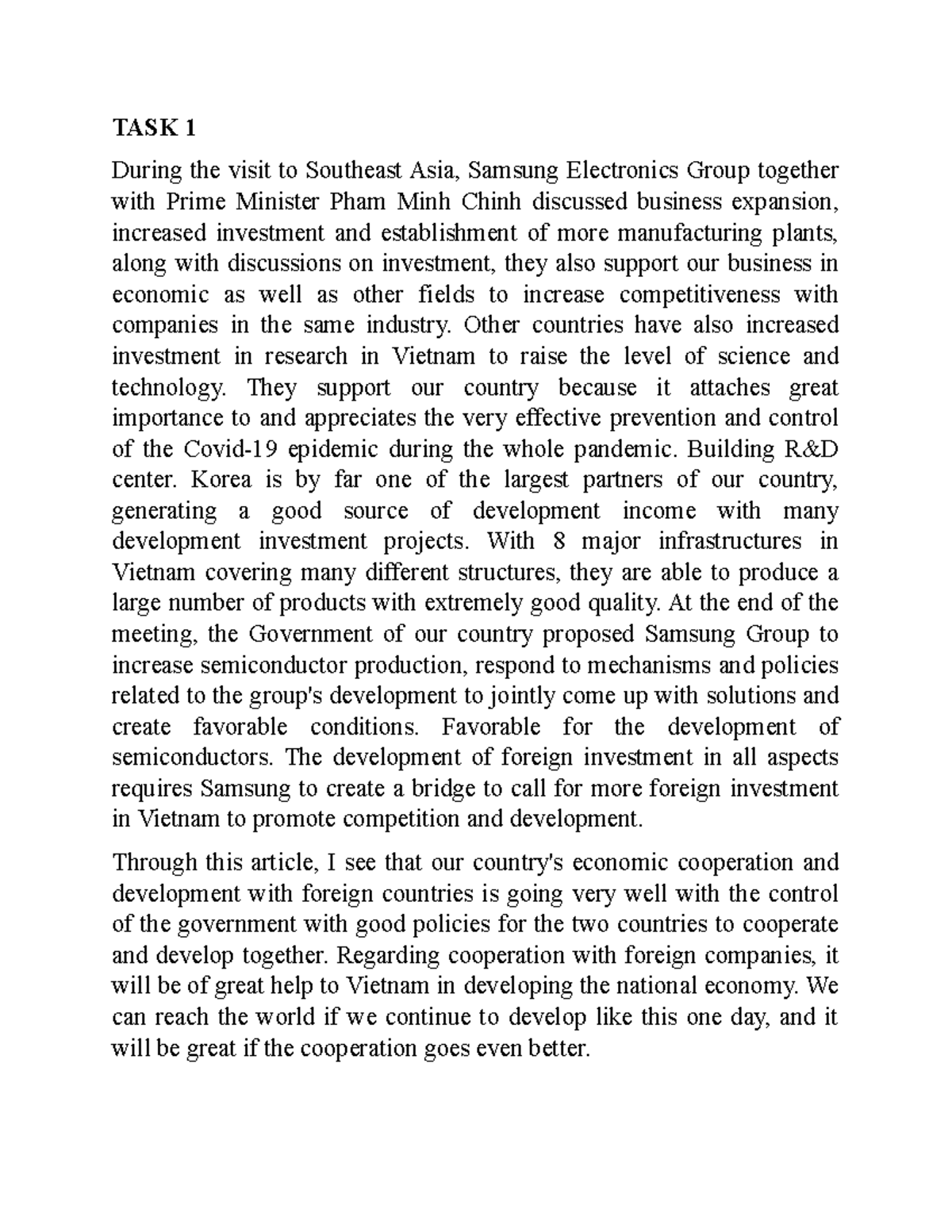 Essay on Task 1 Assignment 1 - TASK 1 During the visit to Southeast Asia, Samsung Electronics ...