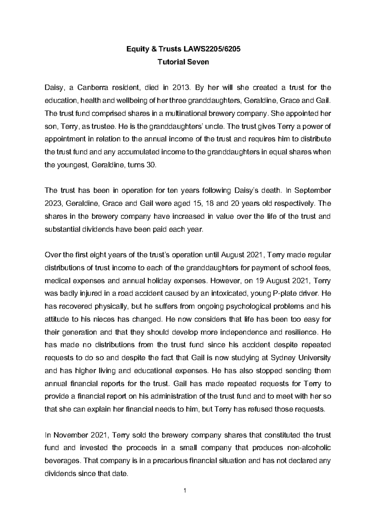 Equity - Tutorial 7 - 1 Equity & Trusts LAWS2205/ Tutorial Seven Daisy ...