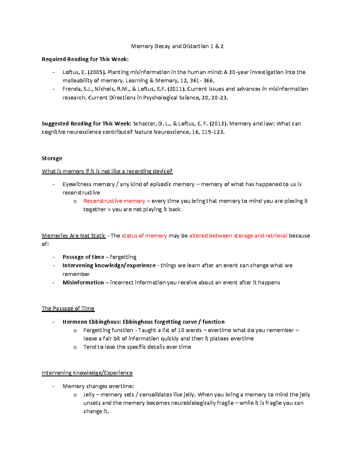 PSYC325 - Week 3 Memory Decay and Distortion - Memory Decay and ...