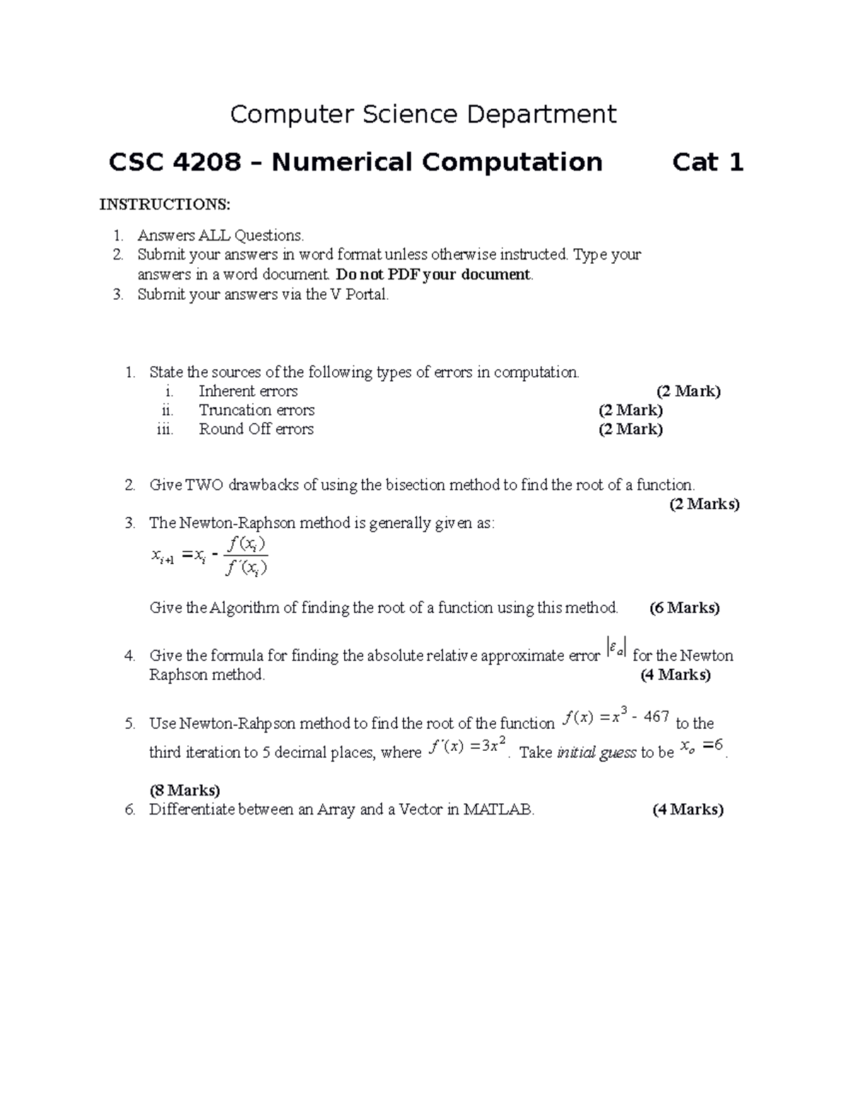Csc 4208 Cat 1 Computer Science Department Csc 4208 Numerical Computation Cat 1