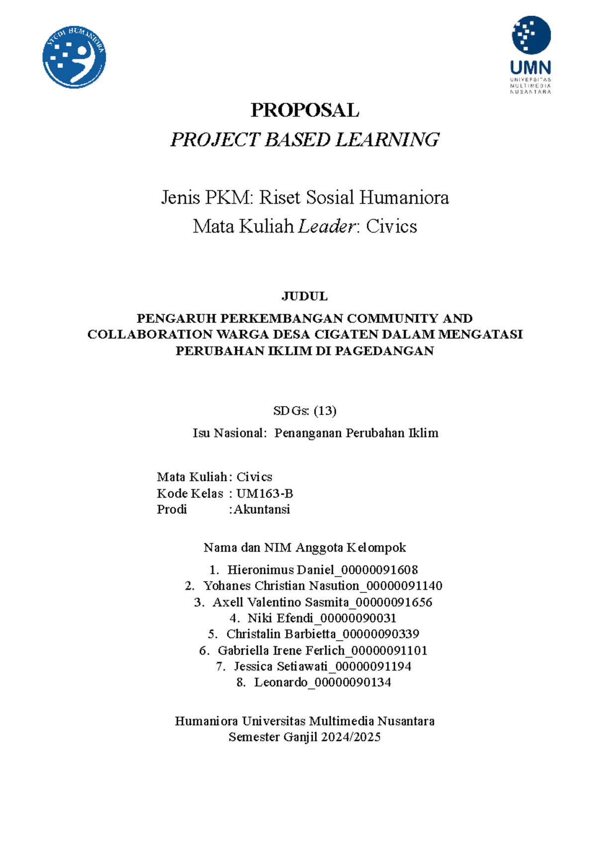 Proposal PKM UMN Civics C1 - PROPOSAL PROJECT BASED LEARNING Jenis PKM ...