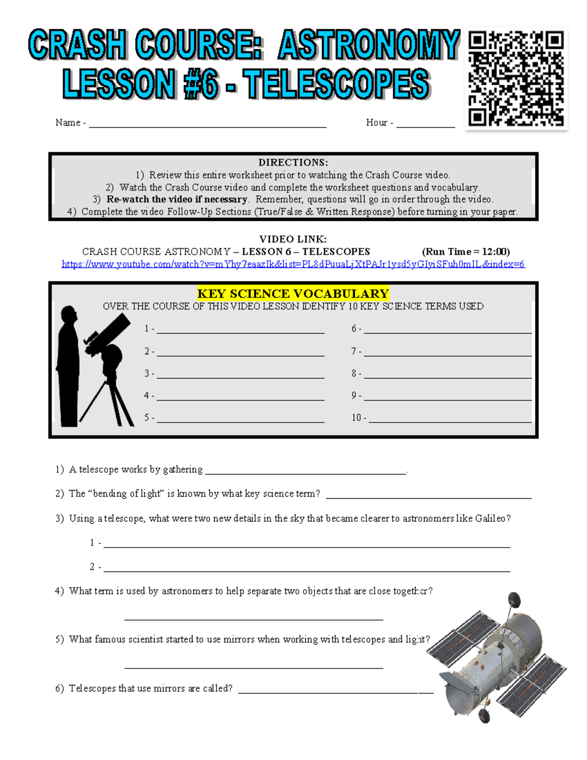 CC Astronomy - Lesson 6 - Telescopes - Name