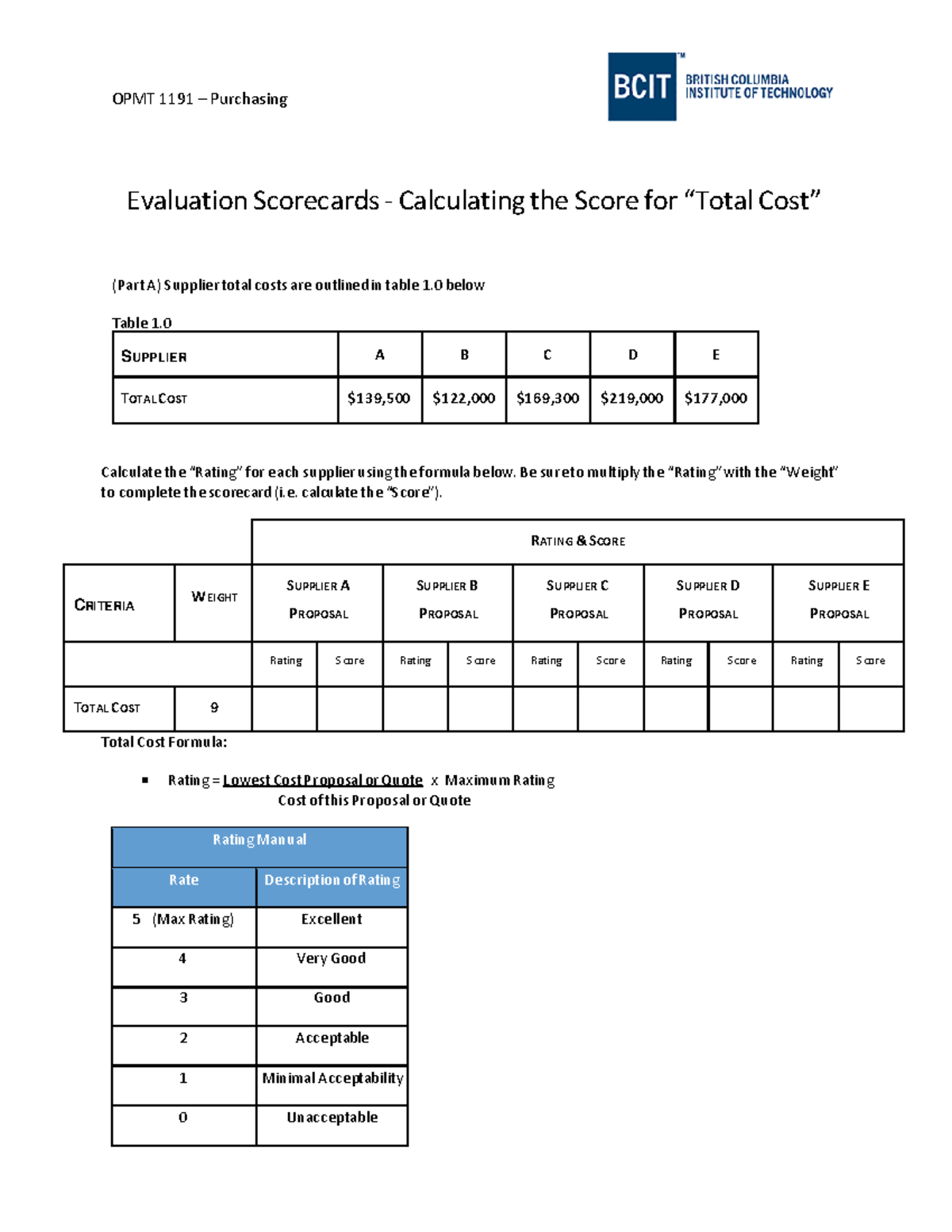 Scoring Total Cost - practice for midterm - OPMT 1191 – Purchasing ...