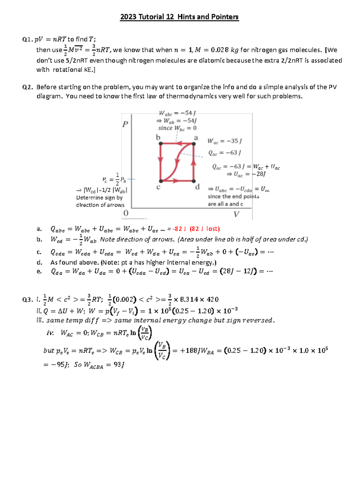 2023 - Tutorial 12 Hints and Pointers - 2023 Tutorial 12 Hints and Pointers Q1. 𝑝𝑉 = 𝑛𝑅𝑇 to find ...
