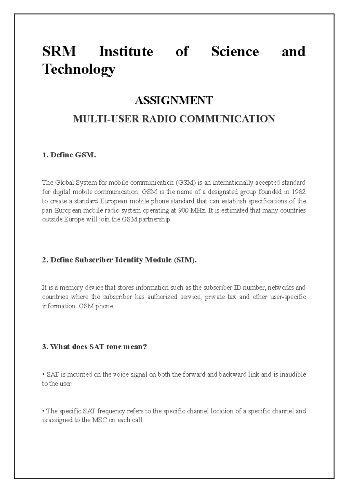 Multi User Radio Communication A Srm Institute Of Science And Technology Assignment Multi User